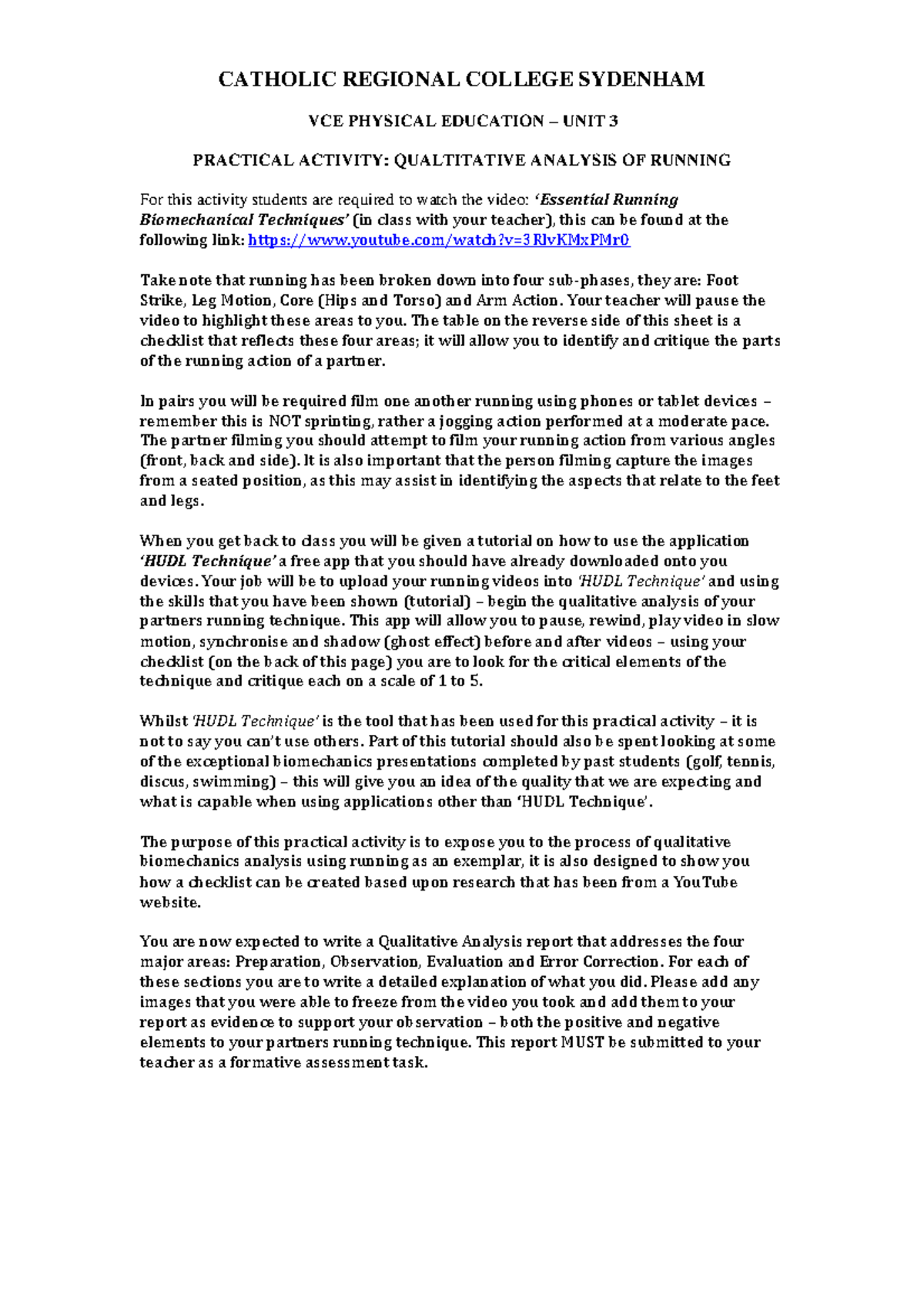 VCE PE Unit 3 Practical Activity - Qualitative Analysis of Running ...