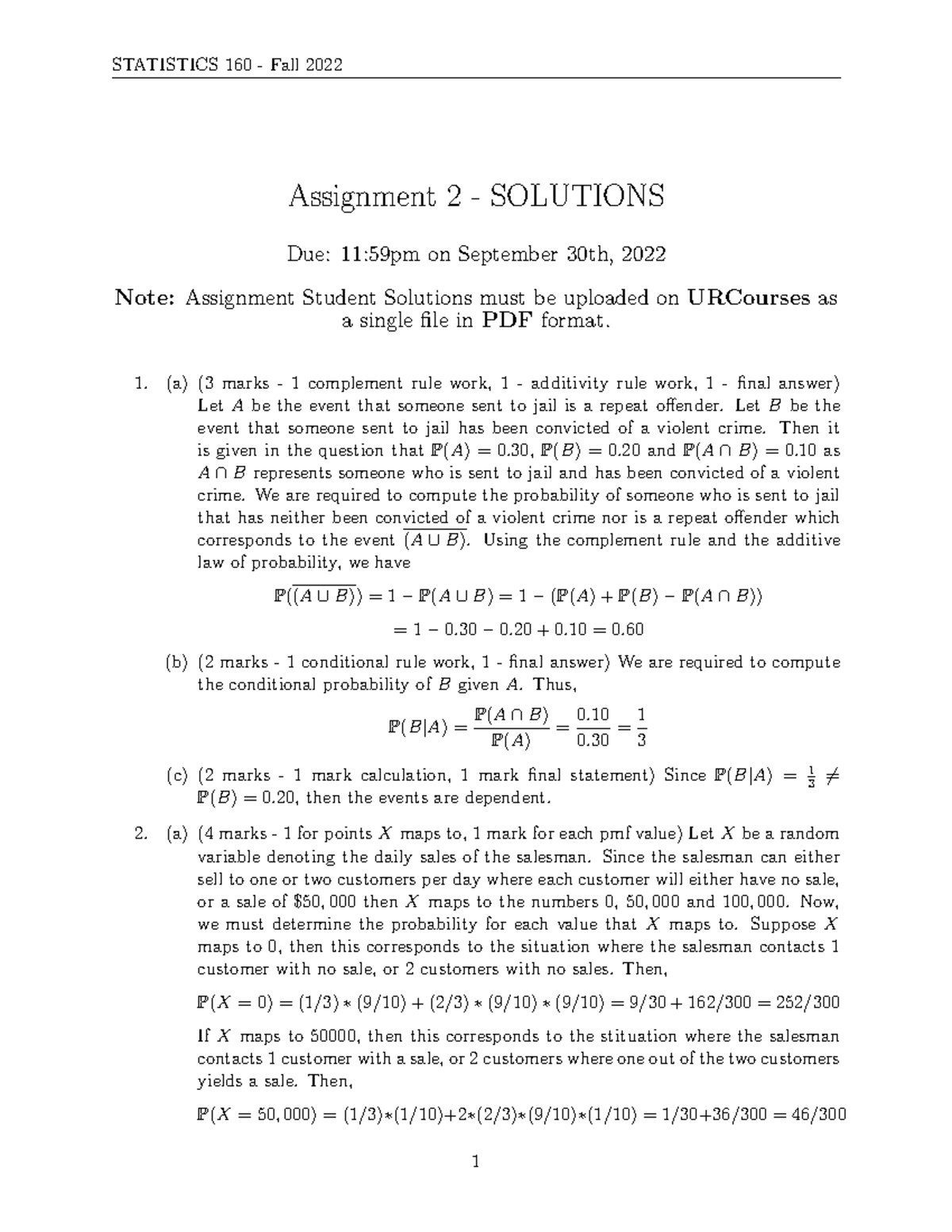 Assignment 2Solutions Stats 160 - STATISTICS 160 - Fall 2022 Assignment 2 - SOLUTIONS Due: 11 ...