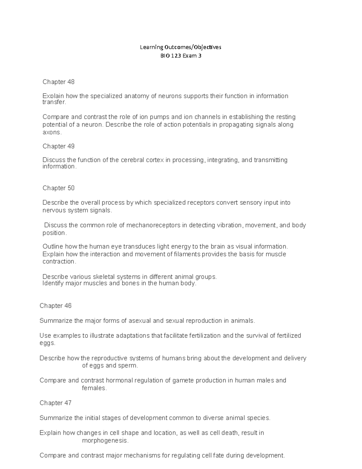 Learning Outcomes for Exam 3 - Learning Outcomes/Objectives BIO 123 ...