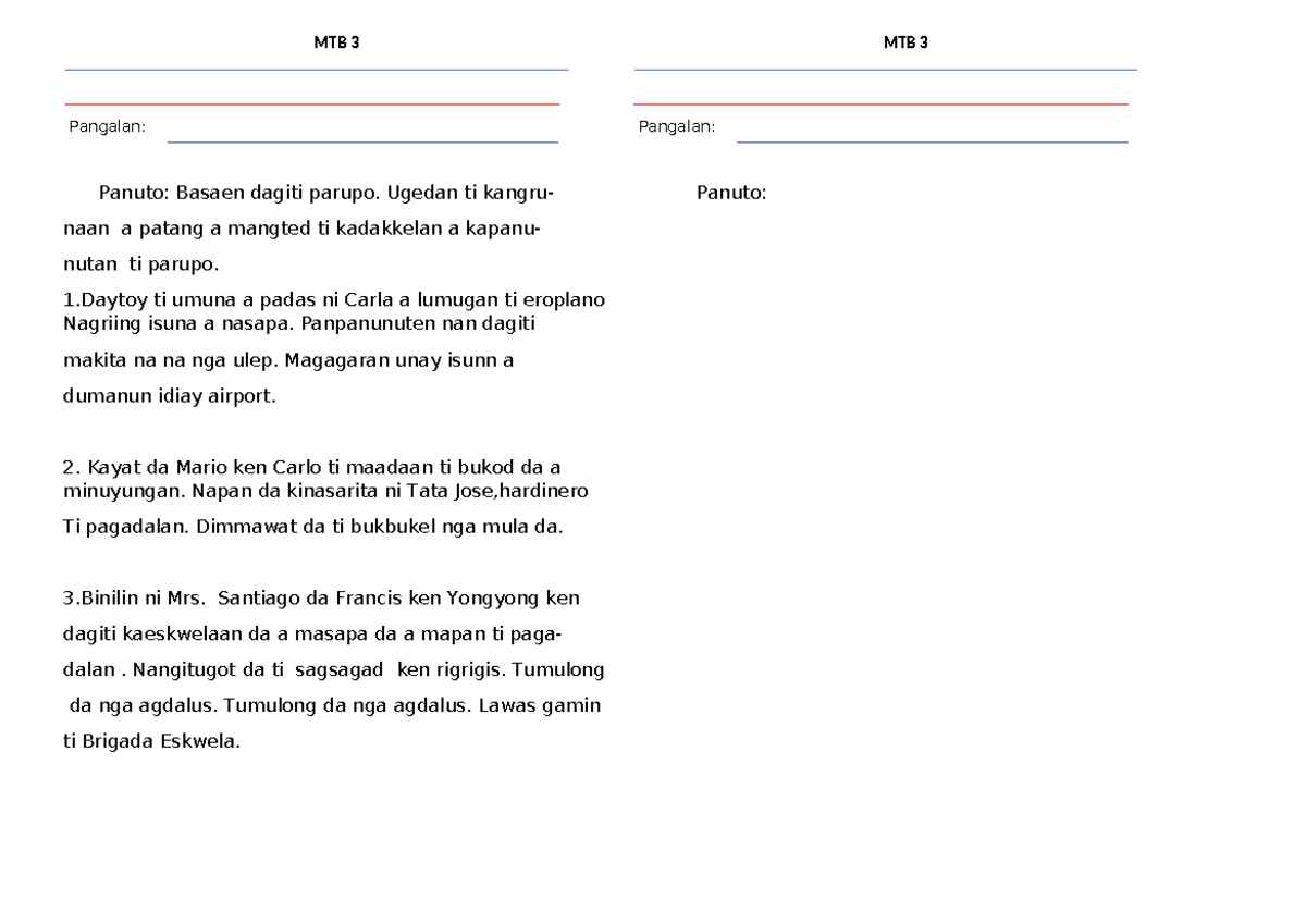 Activity Sheets - SERTBNJMK,LTYUJ - Panuto: Basaen dagiti parupo ...