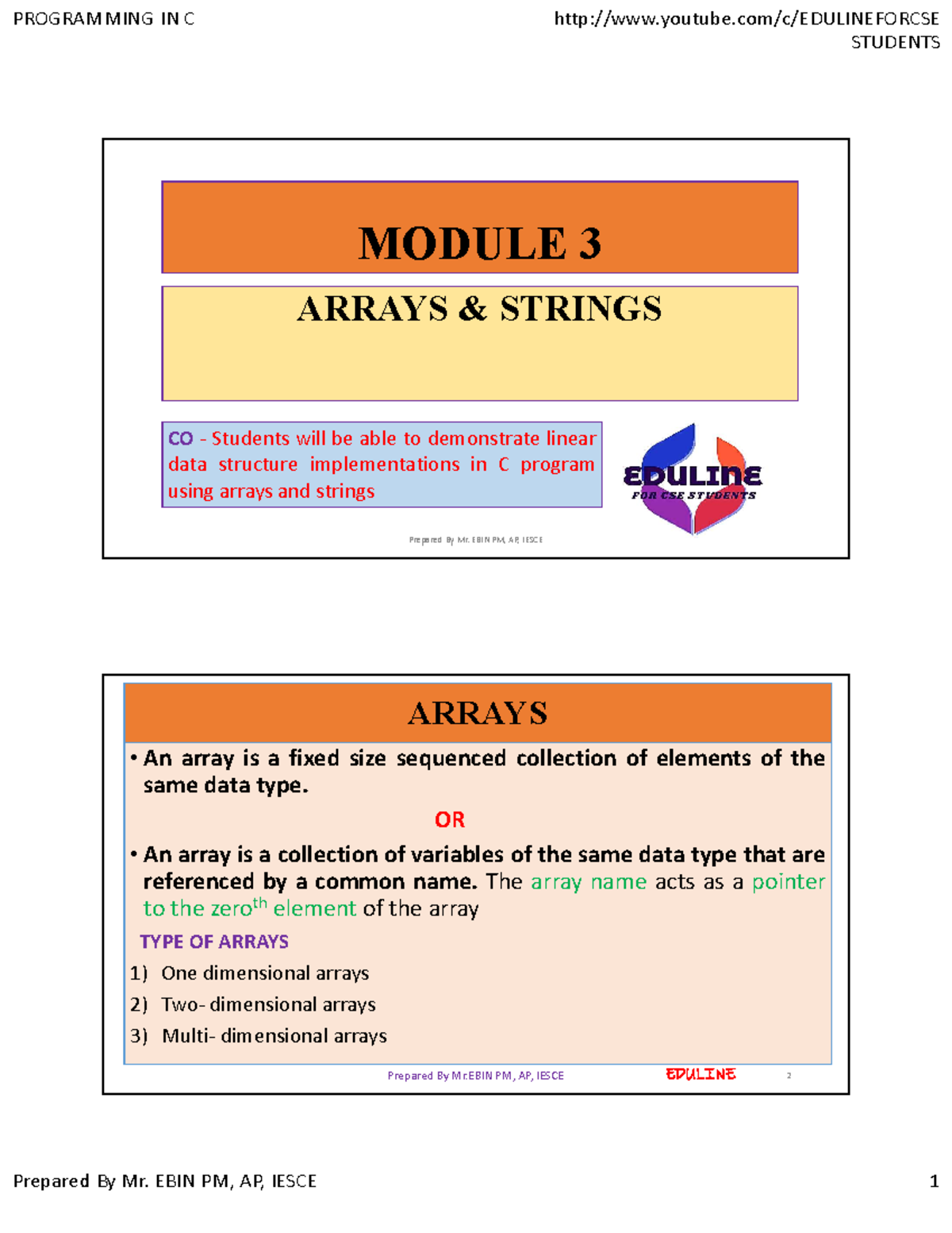 Module 3 - Good - STUDENTS MODULE 3 ARRAYS & STRINGS Prepared By Mr. EBIN PM, AP, IESCE 1 CO ...