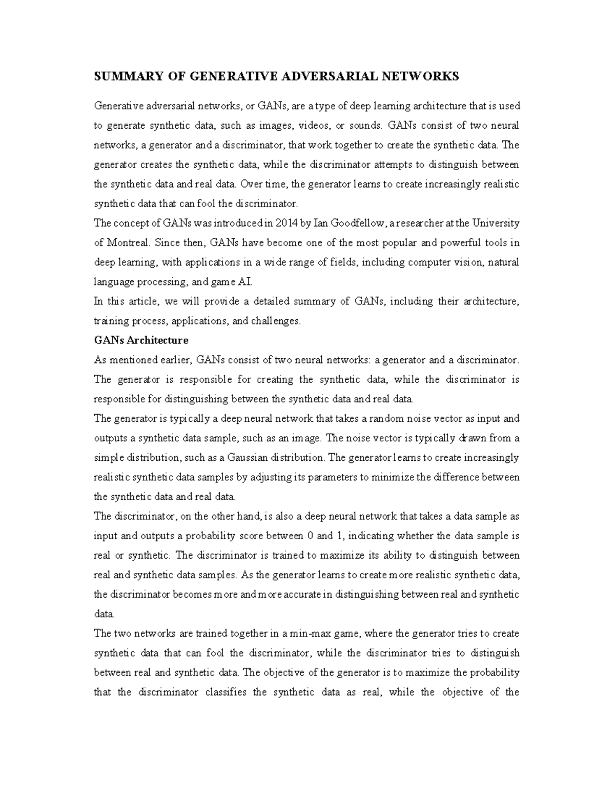 Summary of Generative Adversarial Networks - SUMMARY OF GENERATIVE ...