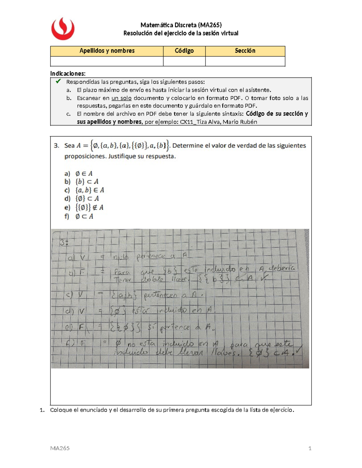 Formato para la resolución de ejercicios de la sesión virtual - Matemática Discreta (MA265 ...