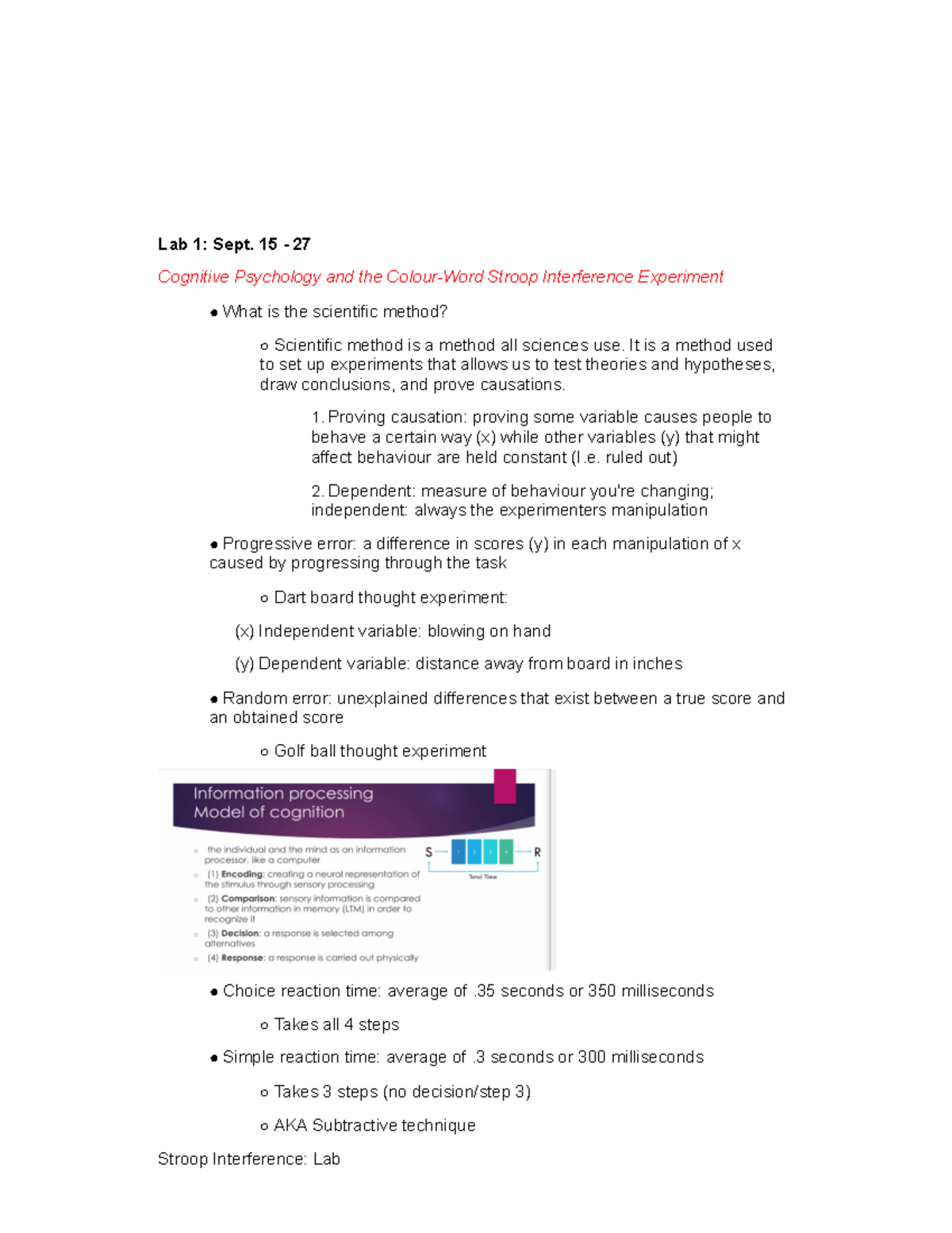 PSY100 Lab Notes - Lab 1: Sept. 15 - 27 Cognitive Psychology and the ...