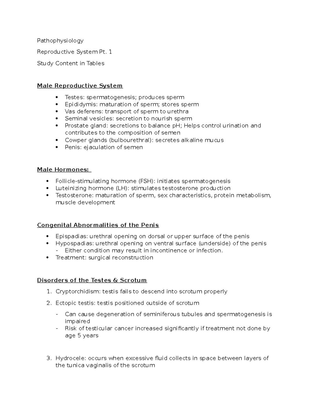 Pathophysiology Reproductive System Pt. 1 - 1 Study Content in Tables ...