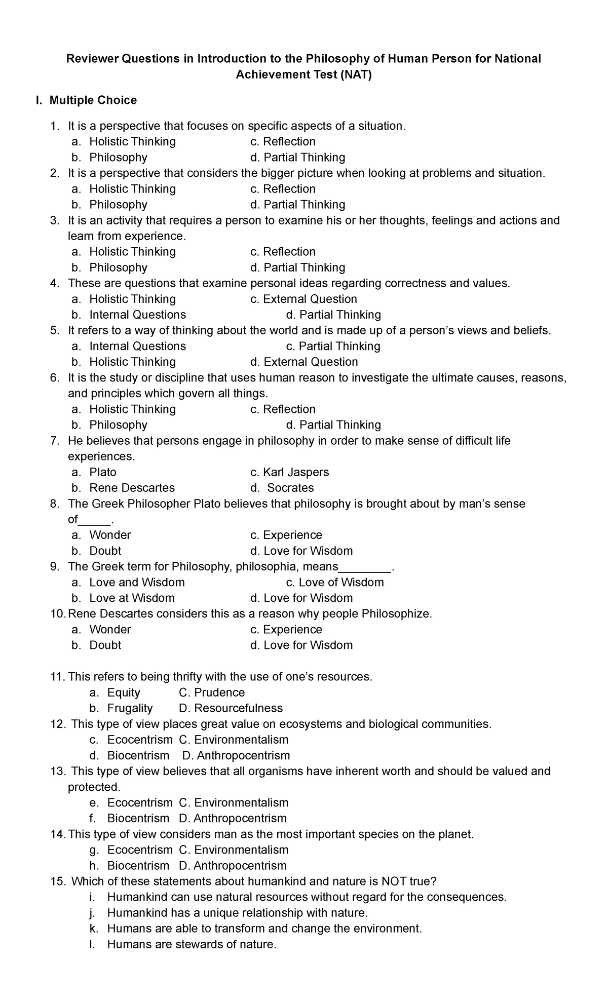 Philo Set 3 - SADFA - Reviewer Questions in Introduction to the ...
