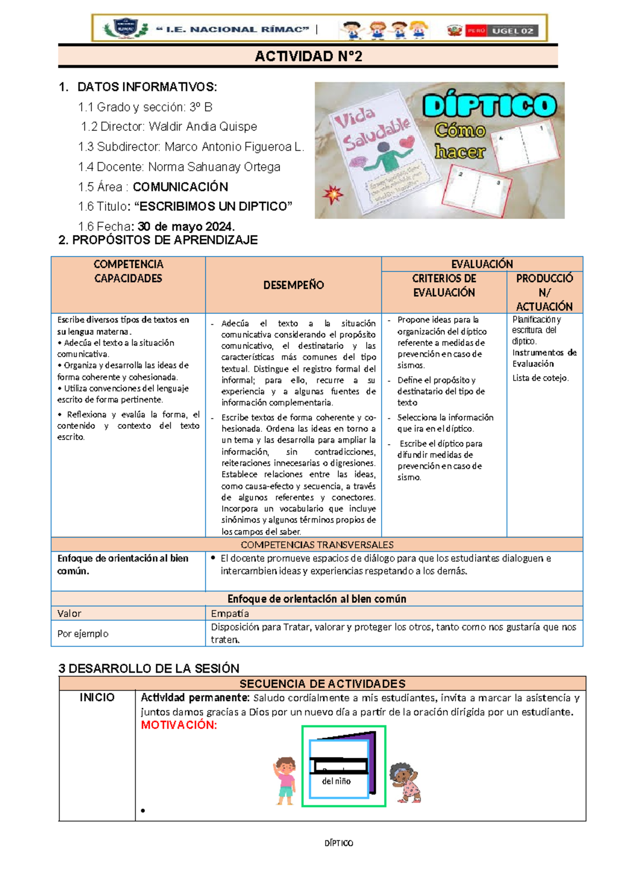 SESION ESCRIBIMOS UN DIPTICO - ACTIVIDAD N° 2 1. DATOS INFORMATIVOS: 1 ...