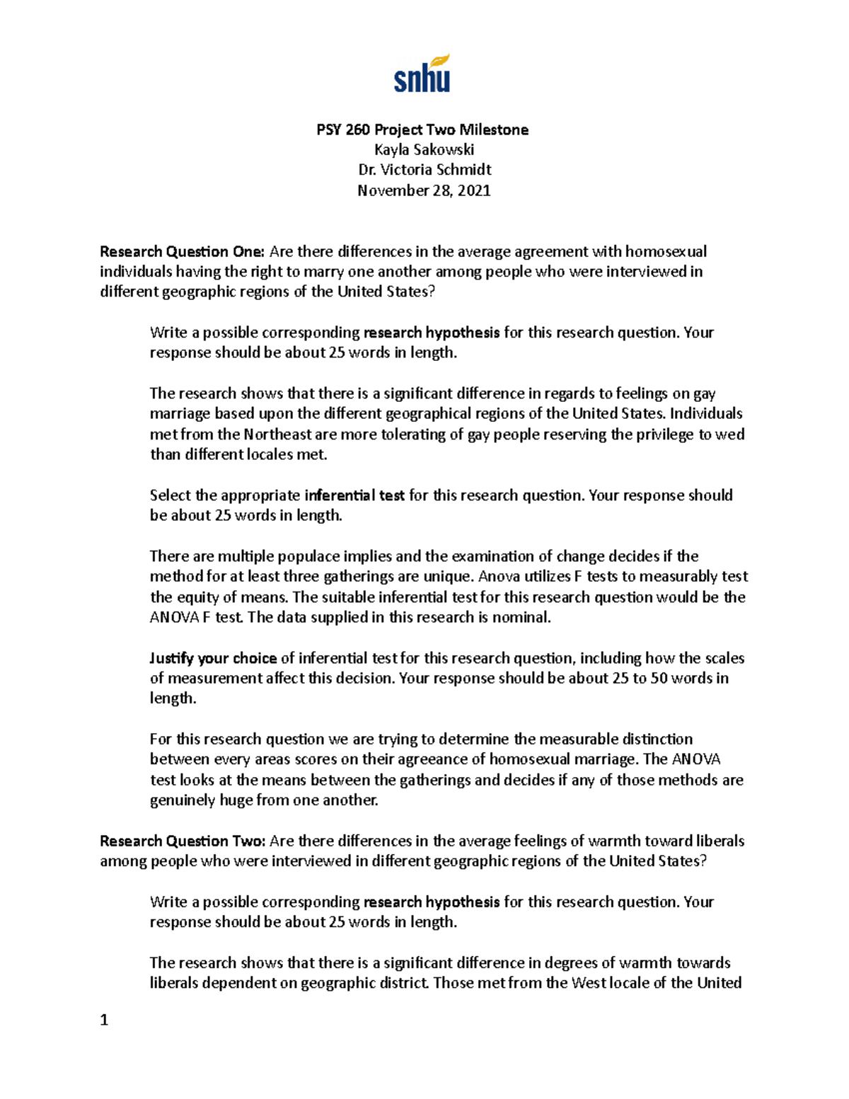 PSY260 Project Two Milestone - PSY 260 Project Two Milestone Kayla ...