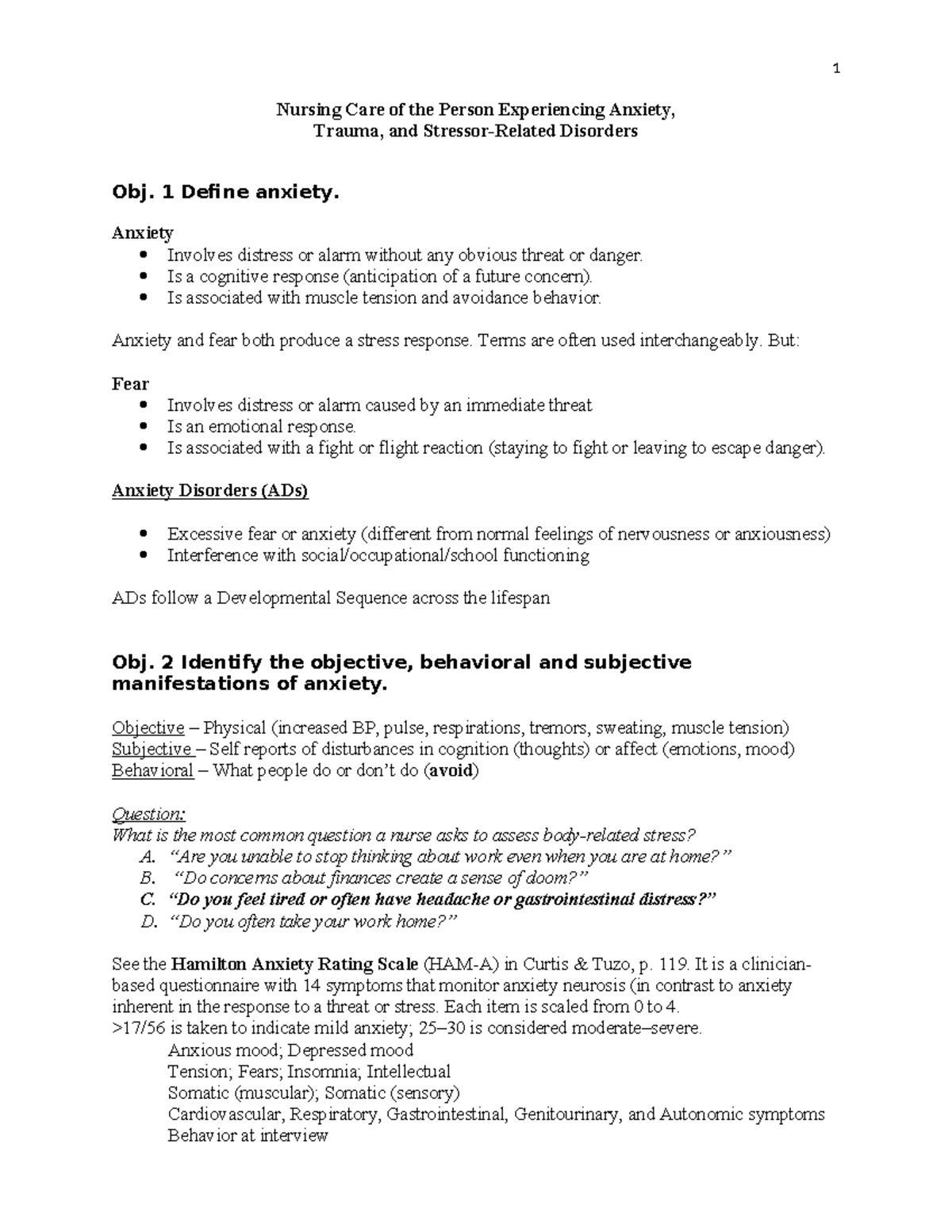 Anxiety Script with Answers - Nursing Care of the Person Experiencing ...