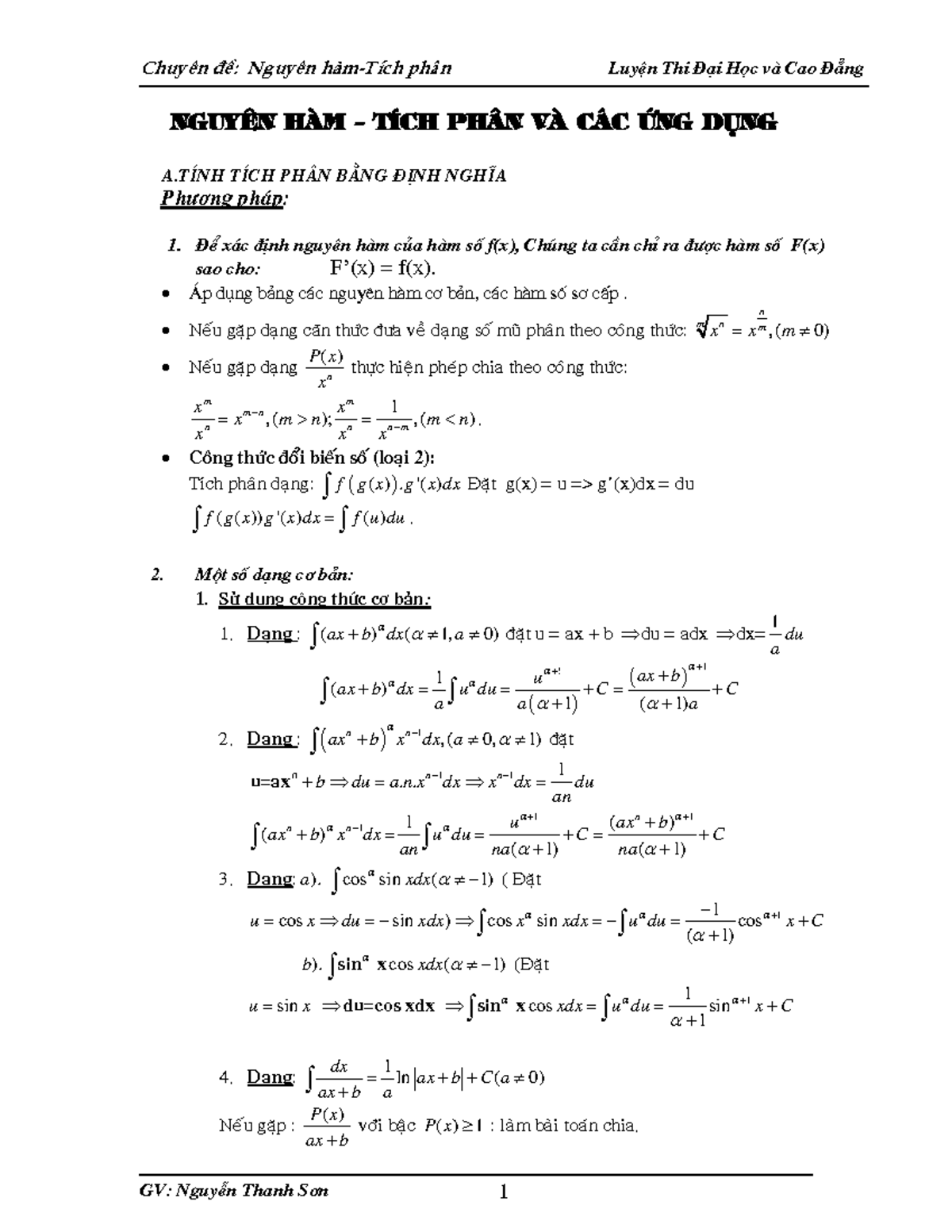 Luyên tập Nguyên hàm và Tích phân xác định - Nguy™n hμm - t›ch ph©n vμ c∏c ̄ng dÙng a›nh t›ch ph ...