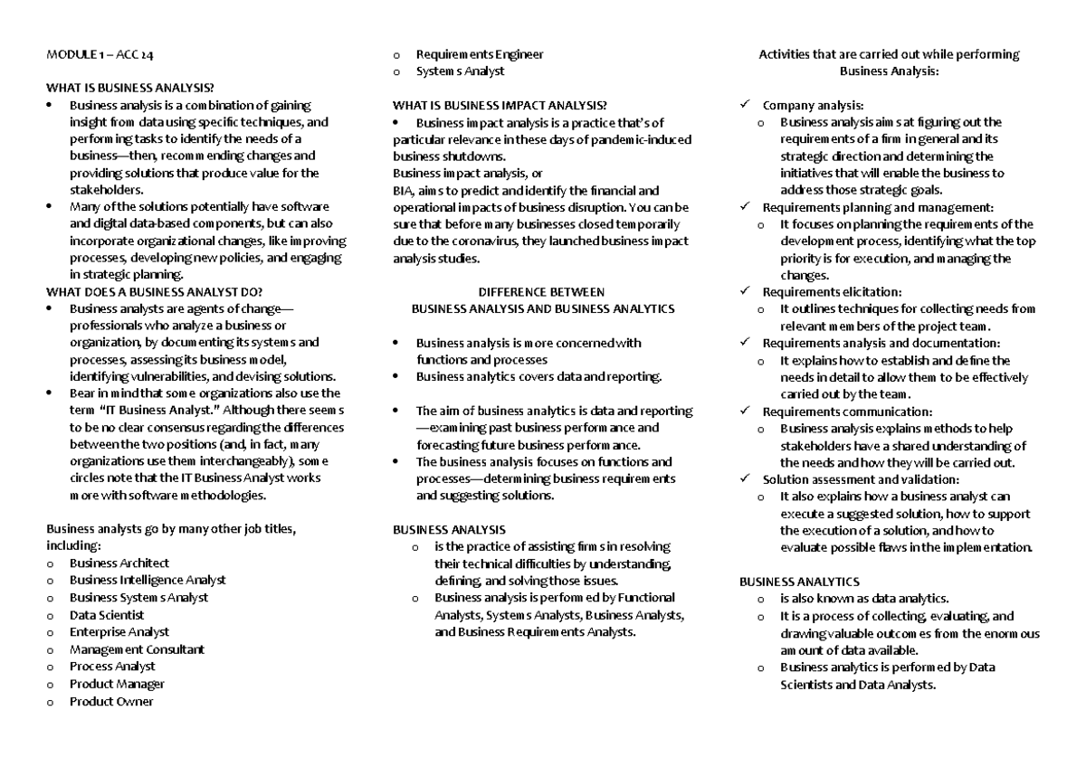 Notes Module 1 - study smart - MODULE 1 – ACC 24 WHAT IS BUSINESS ...