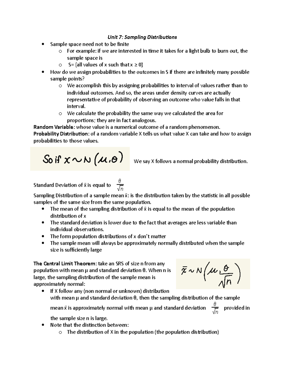 Unit 7 - Notes for Unit 7 - Unit 7: Sampling Distributions Sample space ...