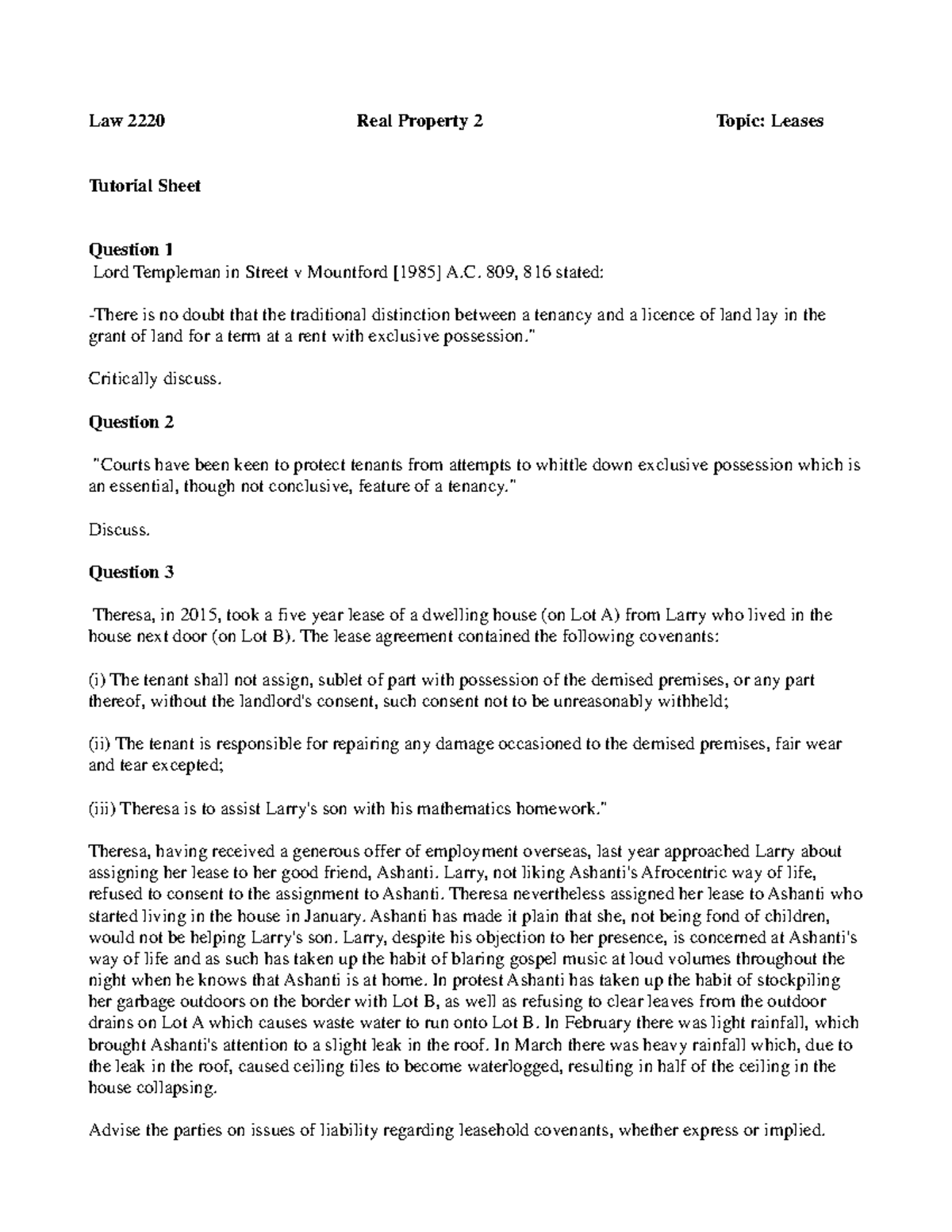 Real Property 2 Tutorial Sheet - Law 2220 Real Property 2 Topic: Leases ...