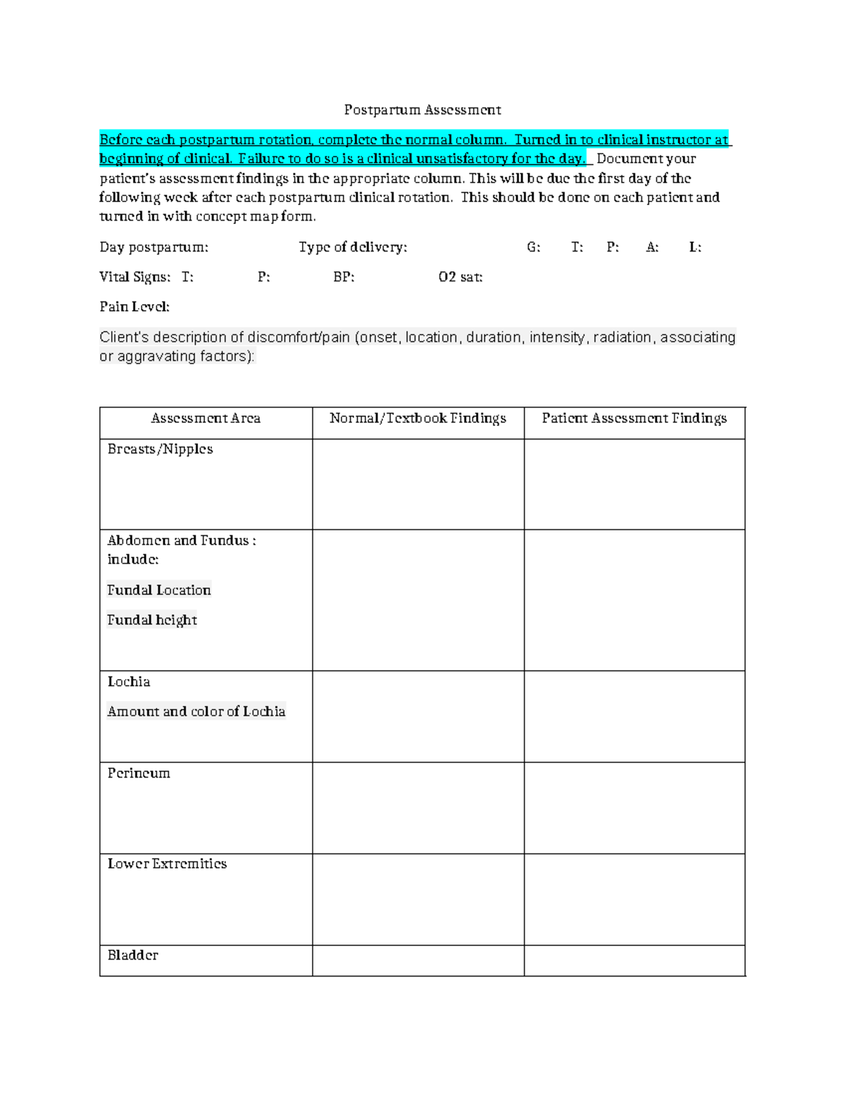 Postpartum Assessment - Postpartum Assessment Before each postpartum ...