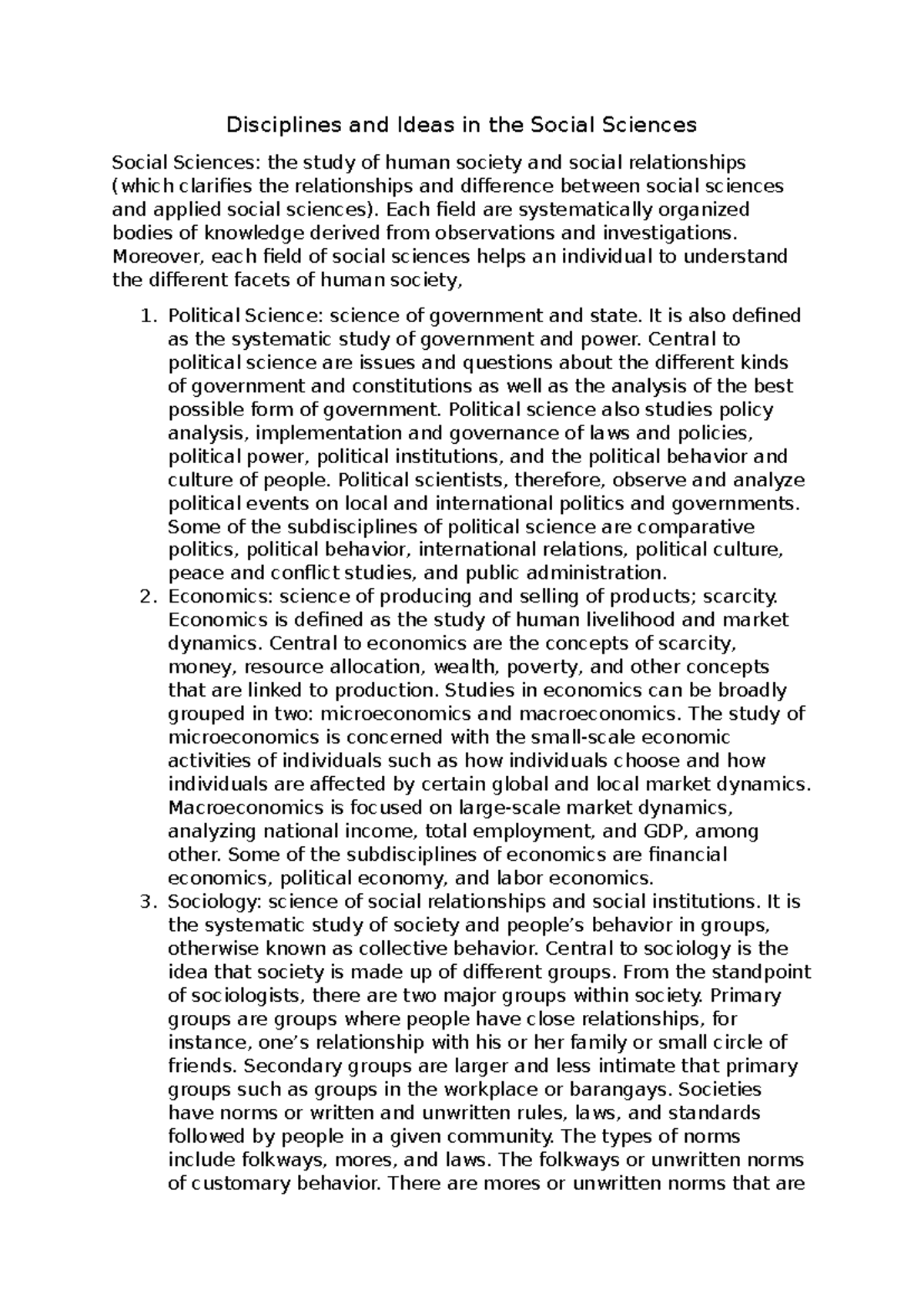 Disciplines and Ideas in the Social Sciences - Each field are ...