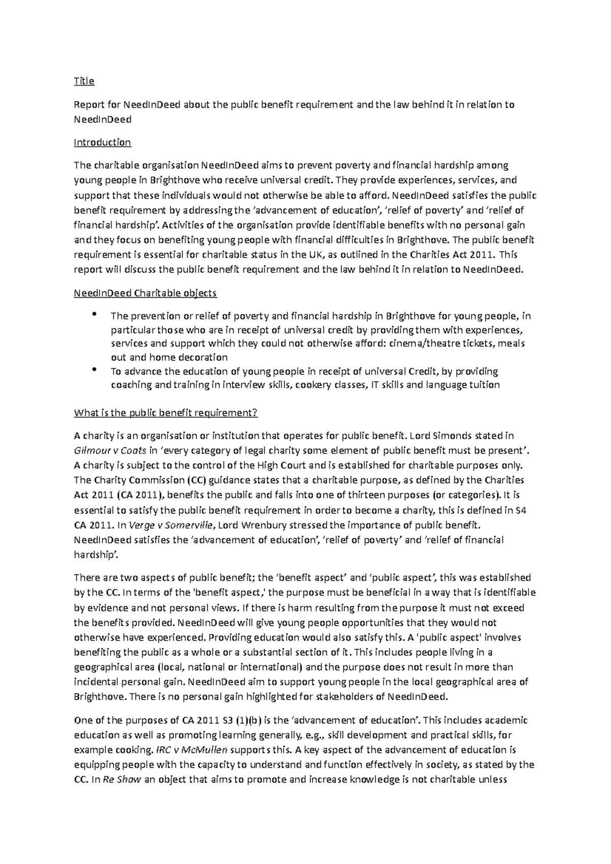 Equity 1500 word report - Title Report for NeedInDeed about the public ...