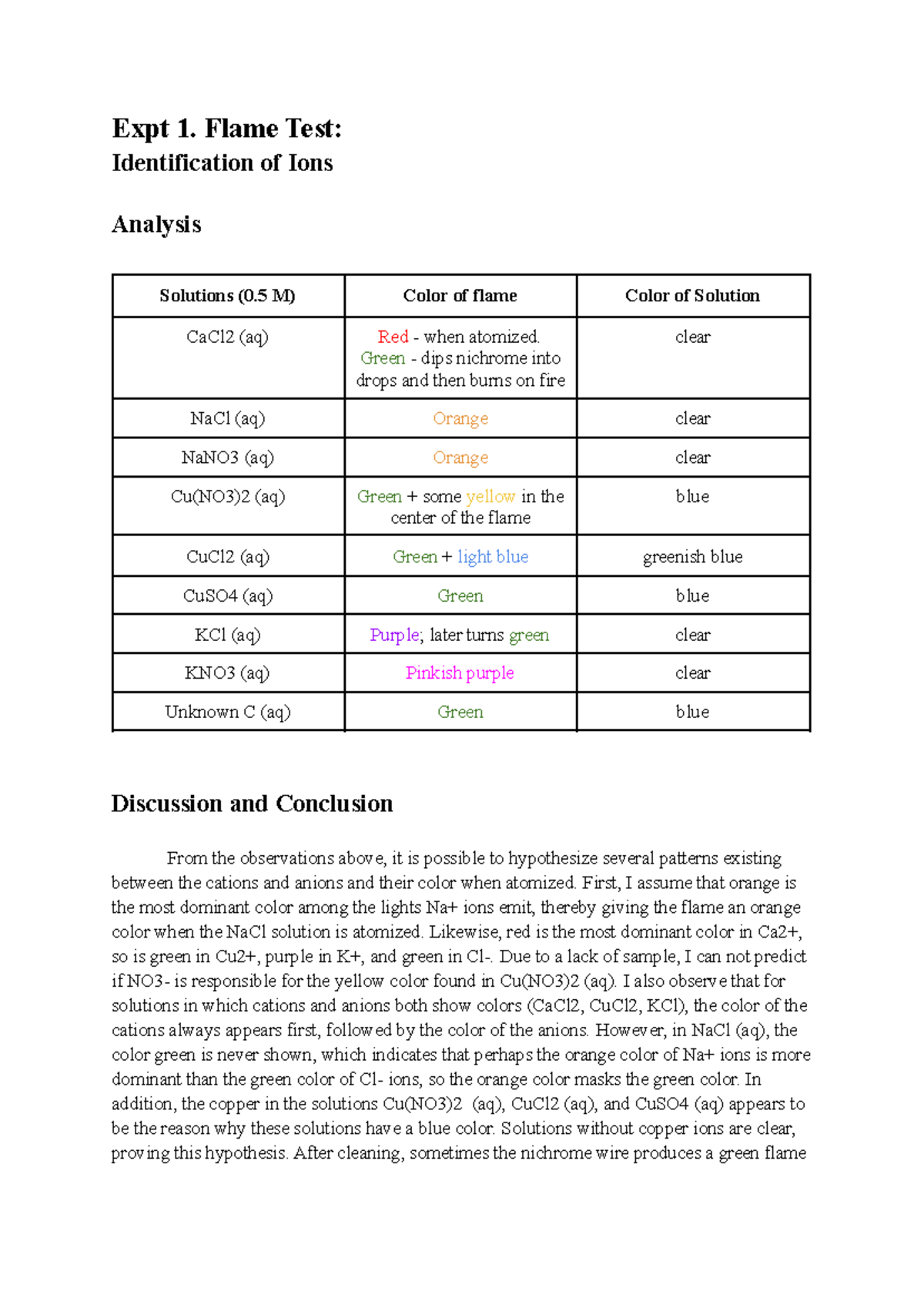 Experiment 1 Postlab - Expt 1. Flame Test: Identification of Ions ...