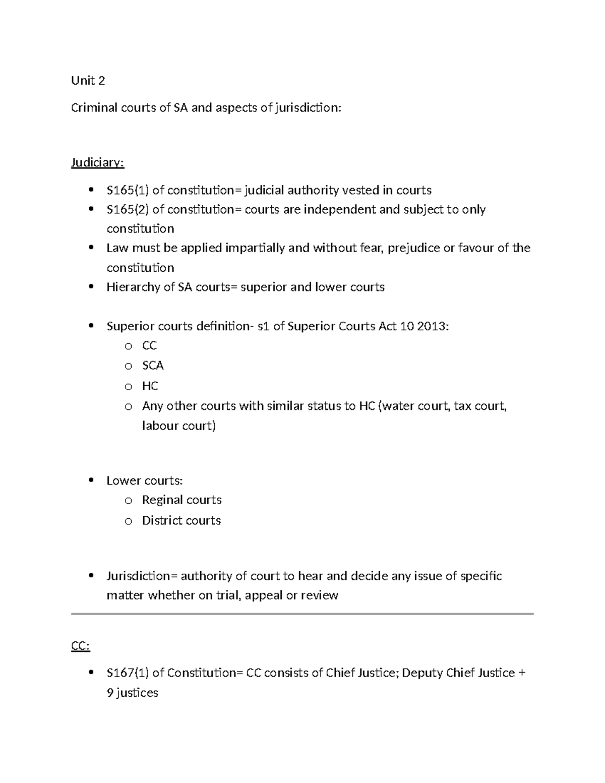 LCP204 Unit 2 - unit 2 notes - Unit 2 Criminal courts of SA and aspects ...