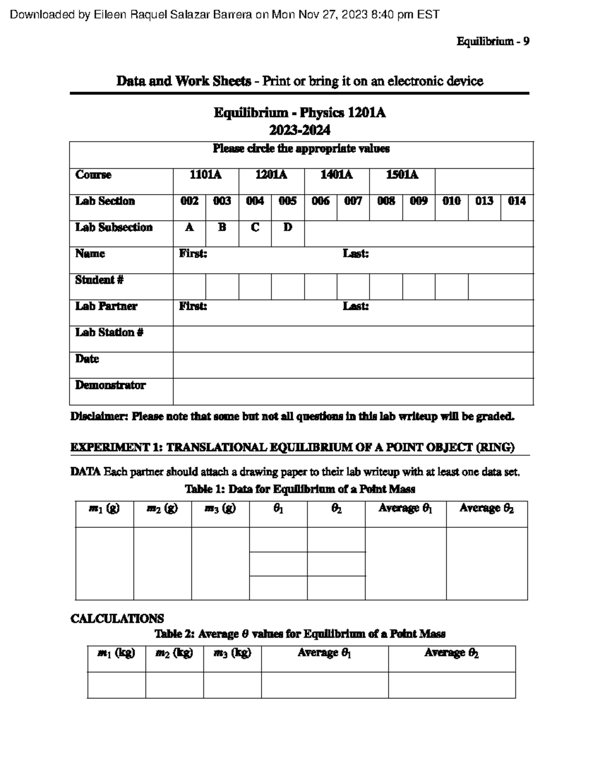 Physics 1201 lab equations sheet - Physics 1201 - Studocu