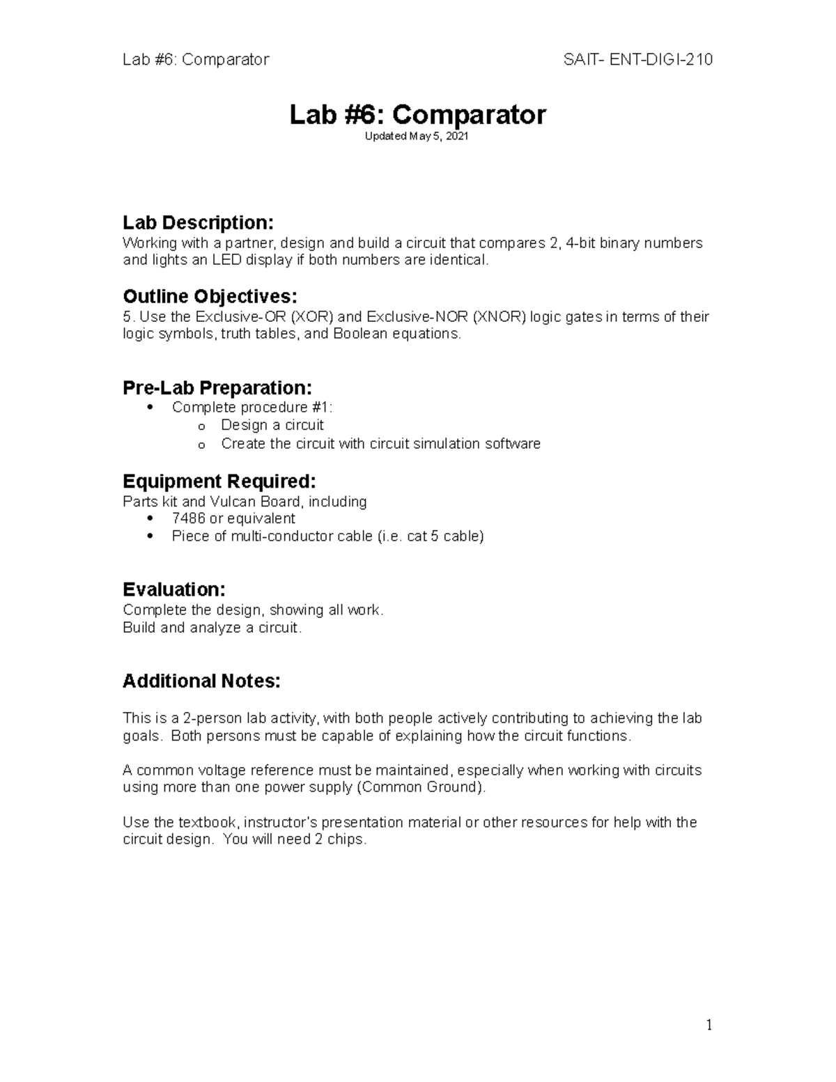 DIGI210 Lab6 - xdsgsdgsdg - Lab #6: Comparator SAIT- ENT-DIGI- Lab #6 ...