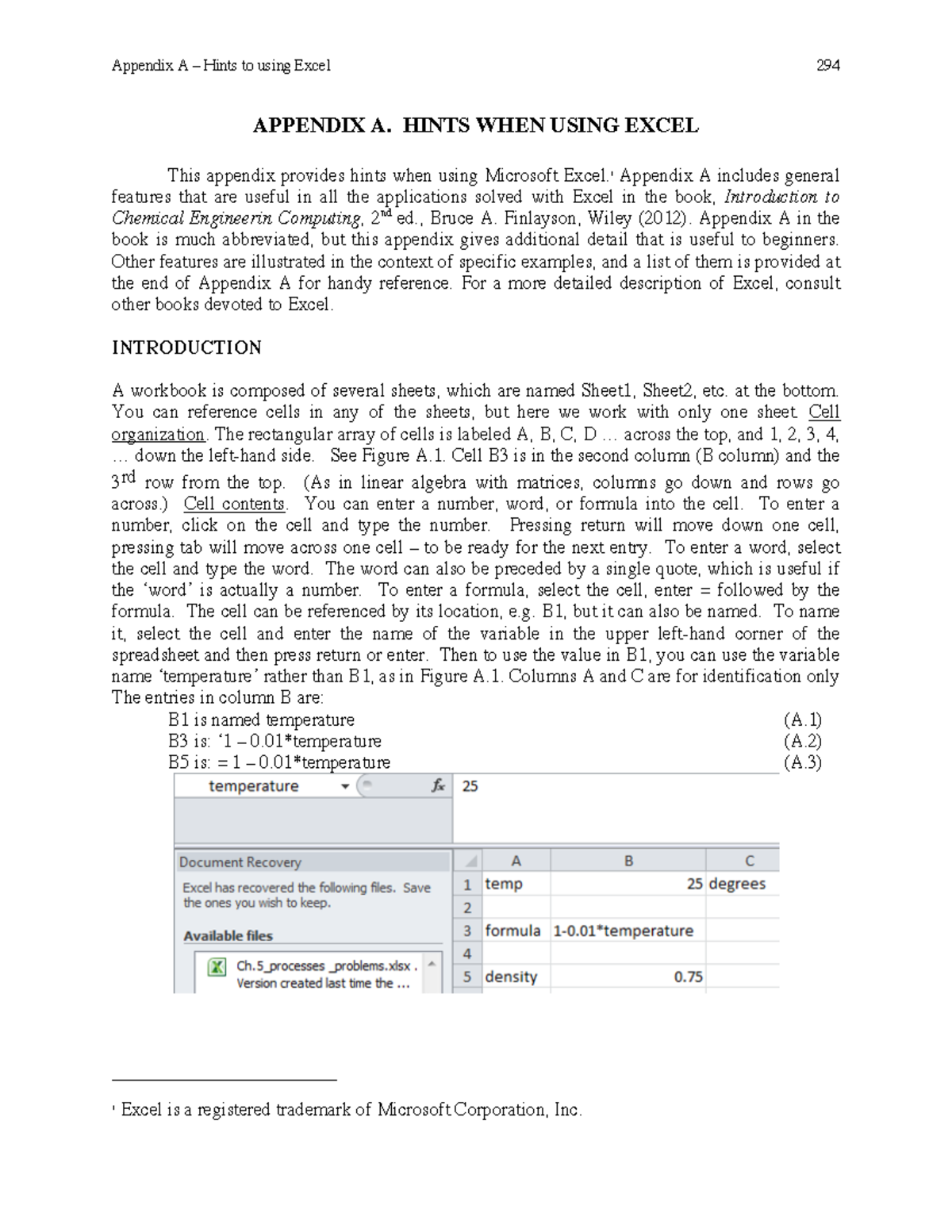 Finlayson appendix-a-expanded excel - Appendix A – Hints to using Excel ...