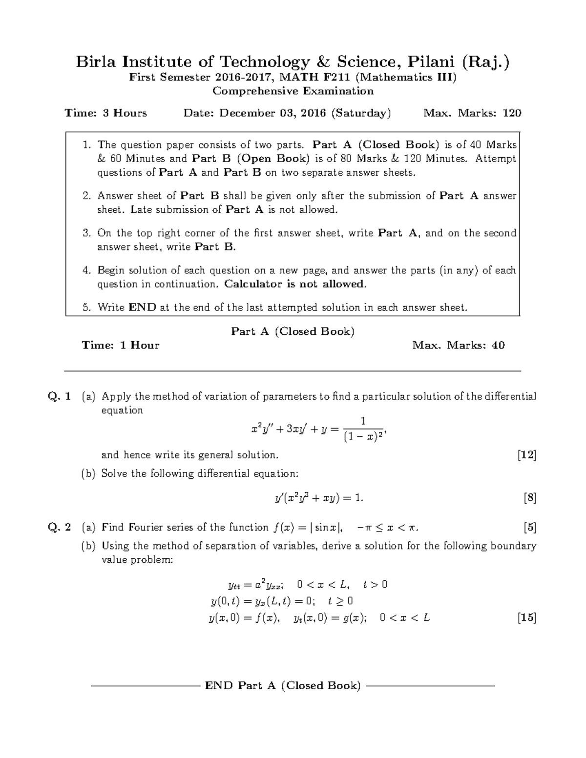 2016-17 Compre Full - question paper - Birla Institute of Technology & Science, Pilani (Raj ...