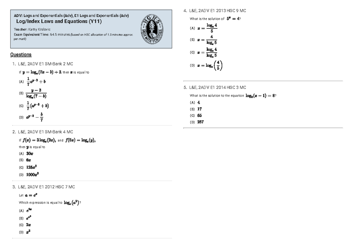 Year 11 Review of Log and index laws and Equations - 1. L&E, 2ADV E1 SM ...