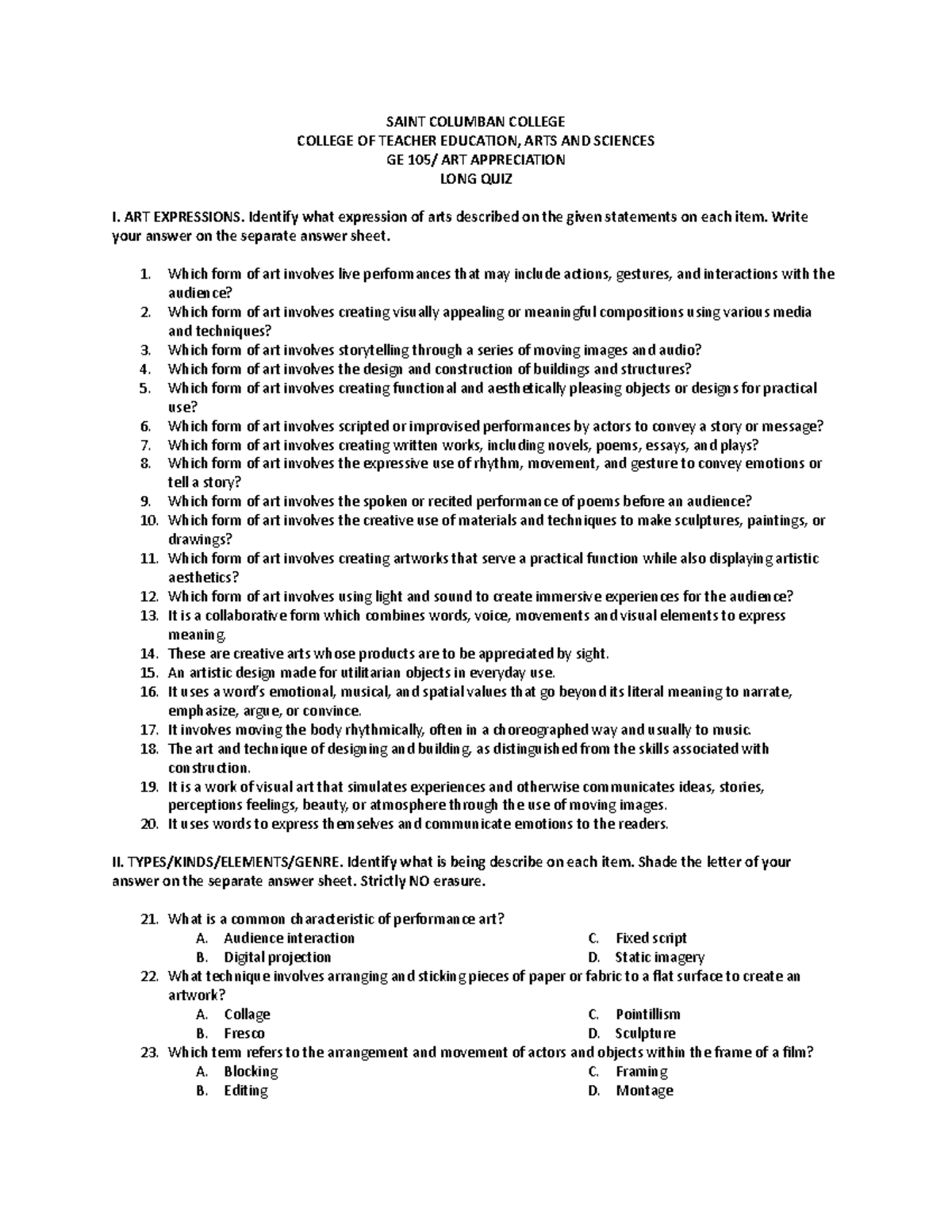 Ge 105 long quiz - Art Expression Quiz - SAINT COLUMBAN COLLEGE COLLEGE ...