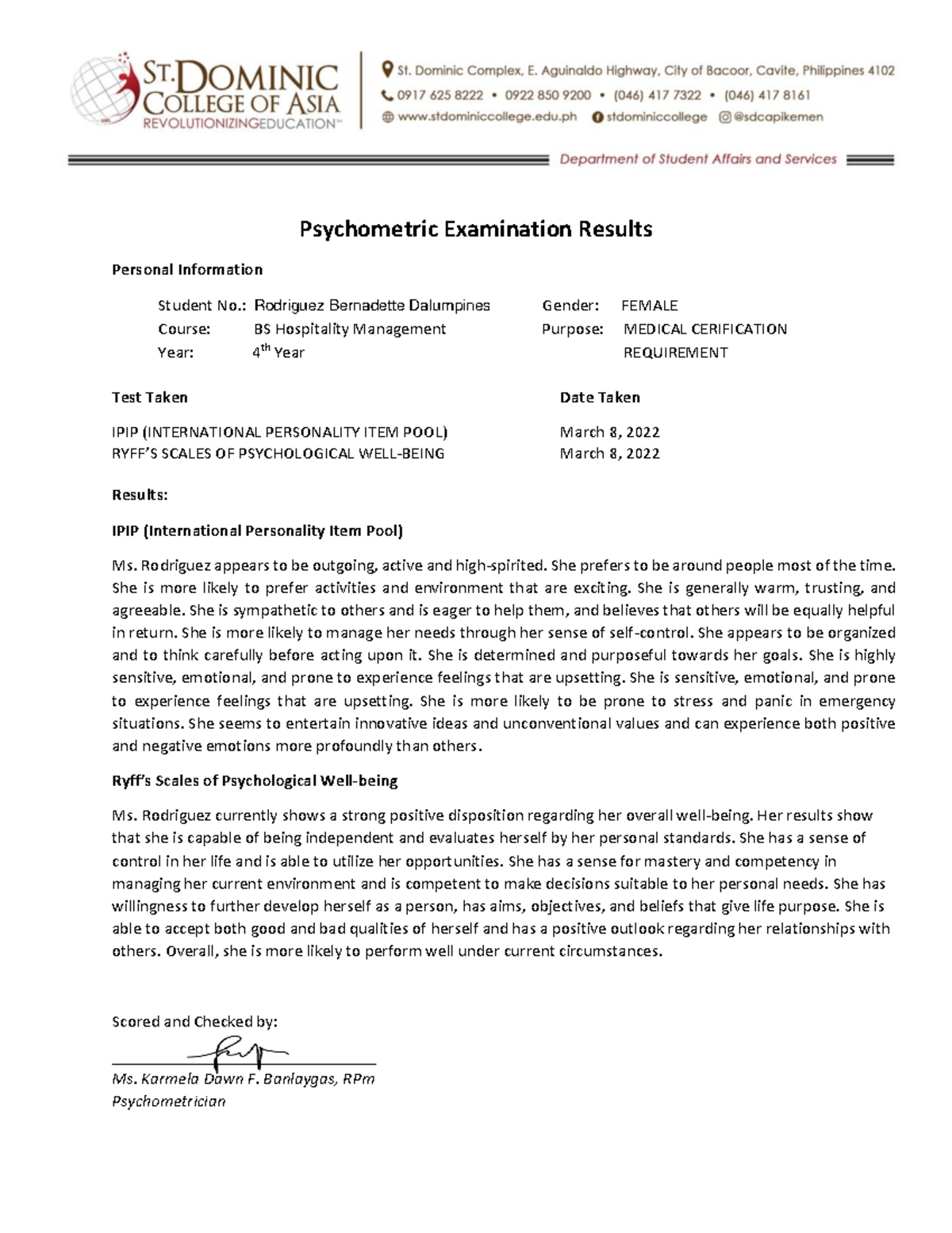 Psychometric Results - Rodriguez, Bernadette - Psychometric Examination ...
