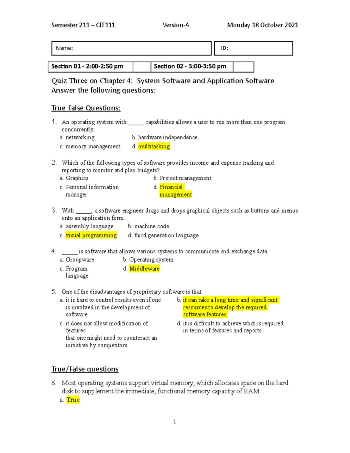 211 CIT111 Quiz 4 A Solution - Semester 211 – CIT111 Version-A Monday ...