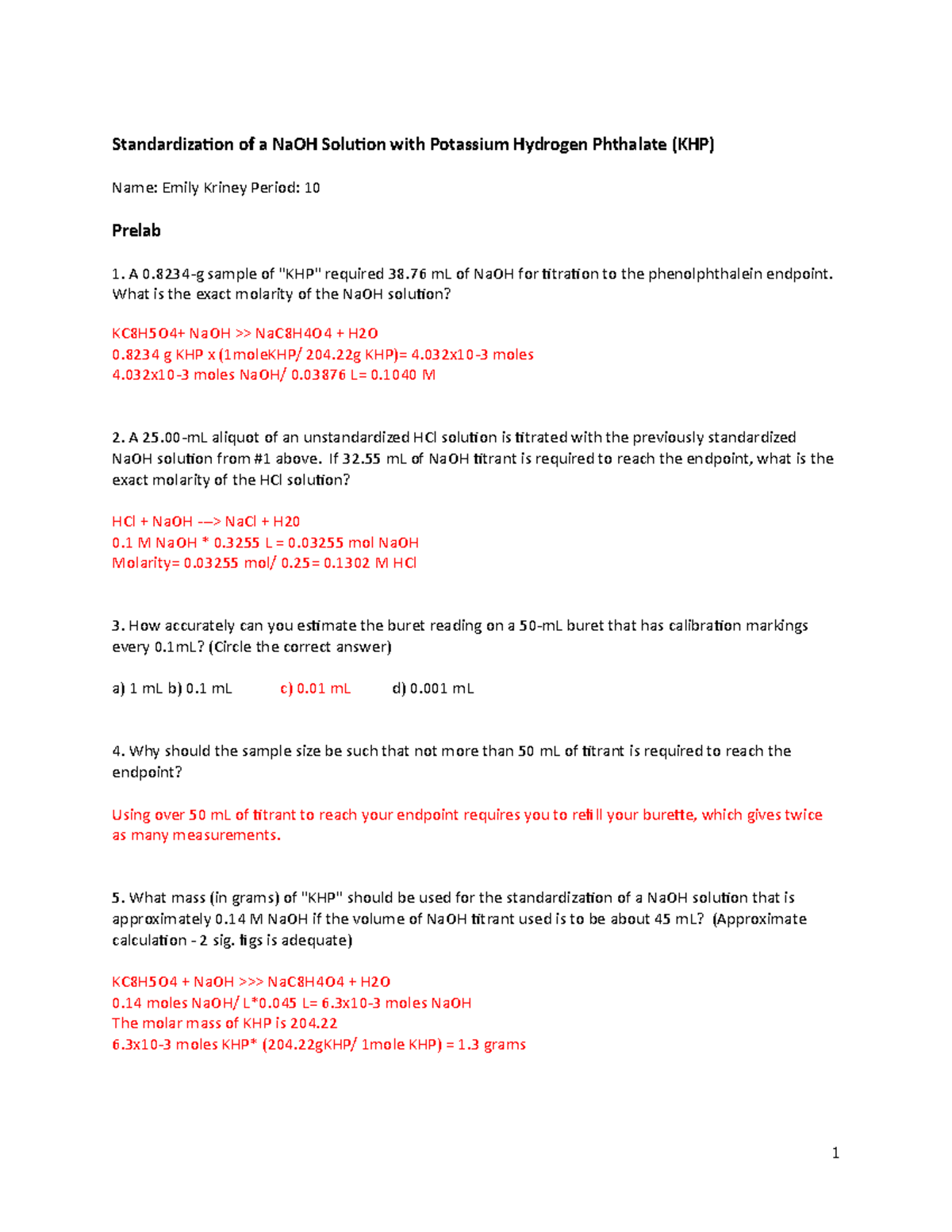 KHP Stand of Na OH - Standardization of a NaOH Solution with Potassium ...