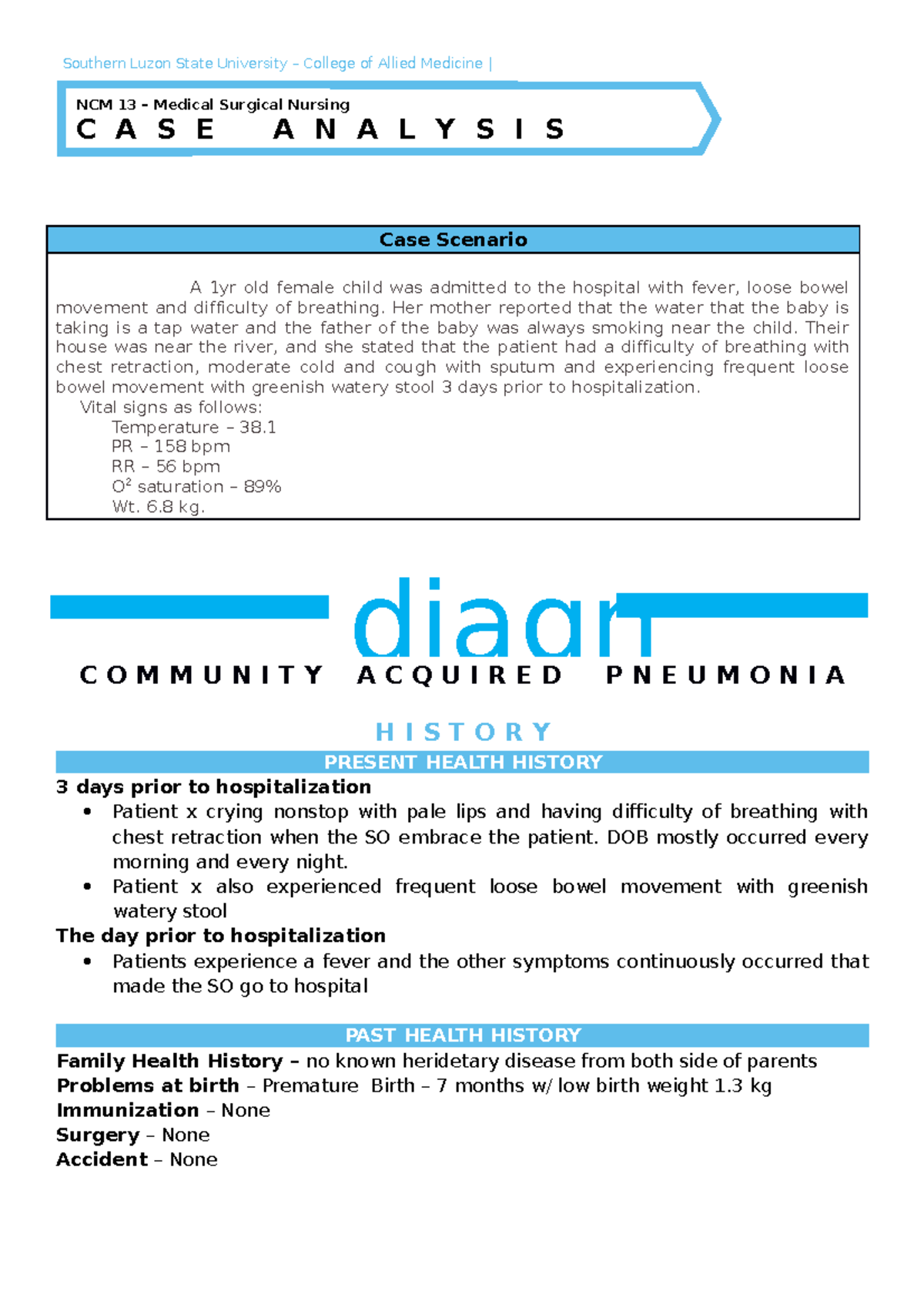 MS - CASE Analysis - Case Scenario A 1yr old female child was admitted ...