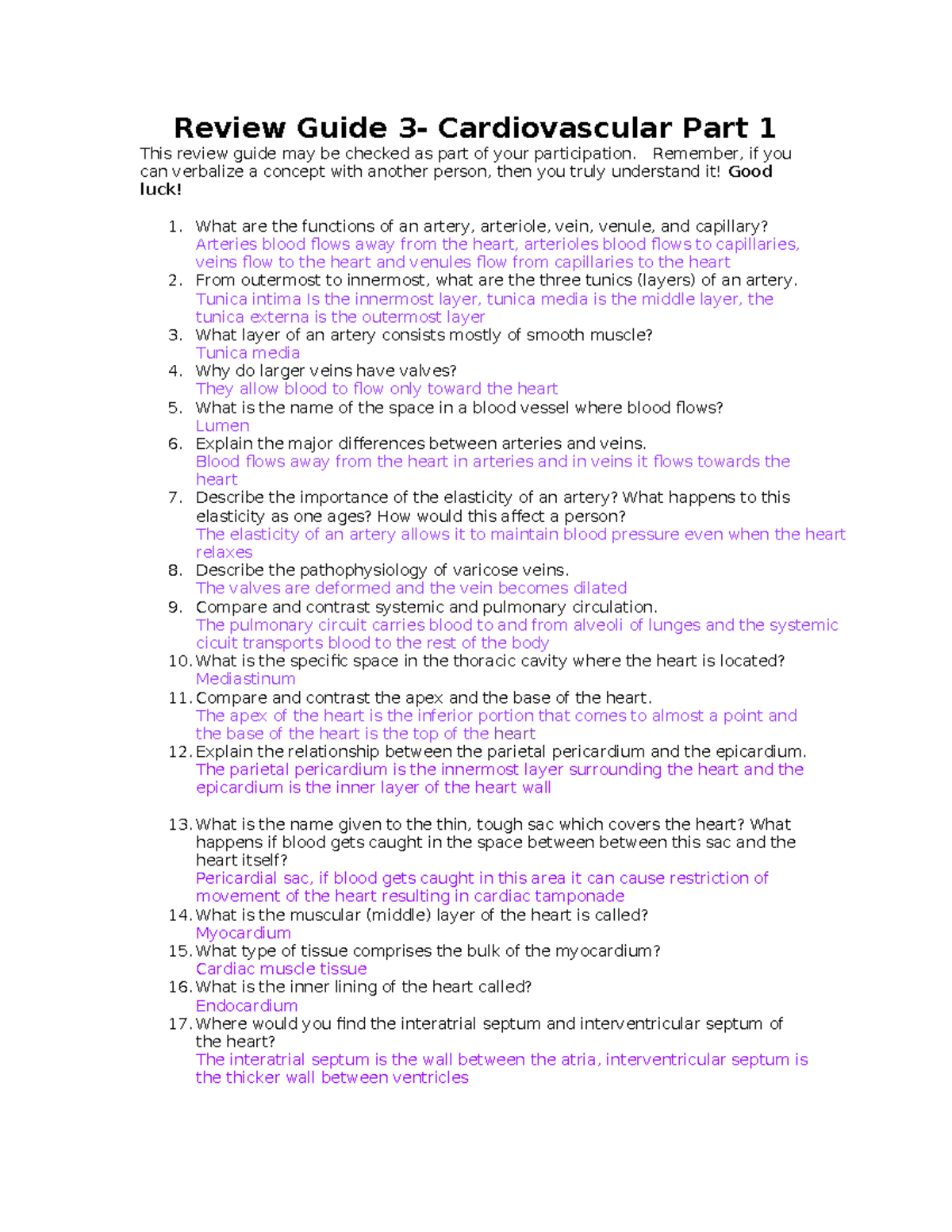Review Guide 3- Cardiovascular Part 1 - Remember, if you can verbalize ...