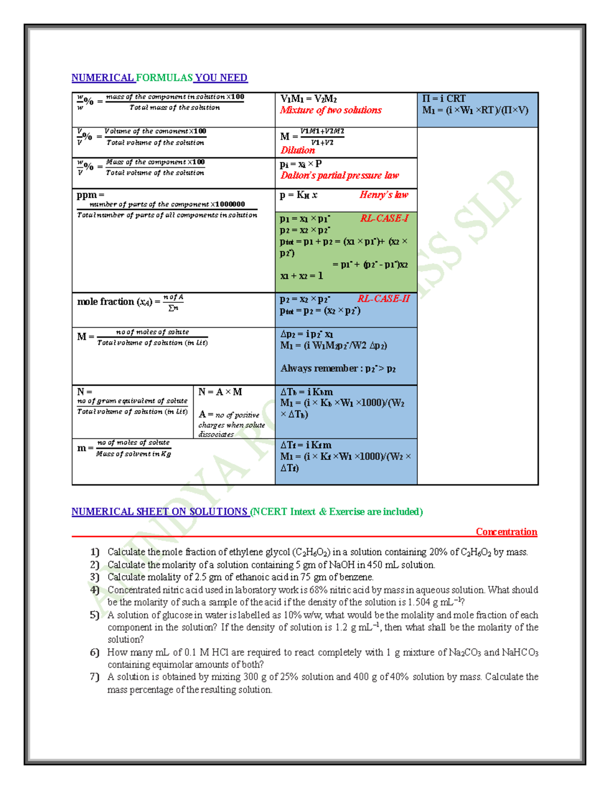 Numerical Sheet ON Solutions - NUMERICAL FORMULAS YOU NEED 𝒘 𝒘% = 𝒎𝒂𝒔𝒔 ...