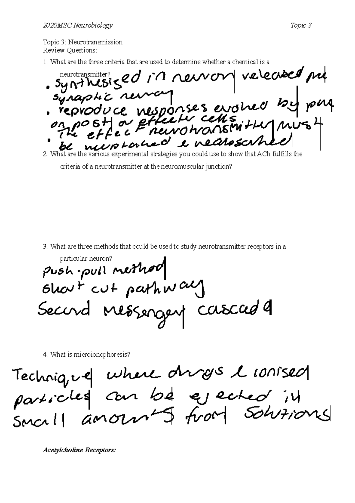 Topic 3 Review Questions - Topic 3: Neurotransmission Review Questions ...