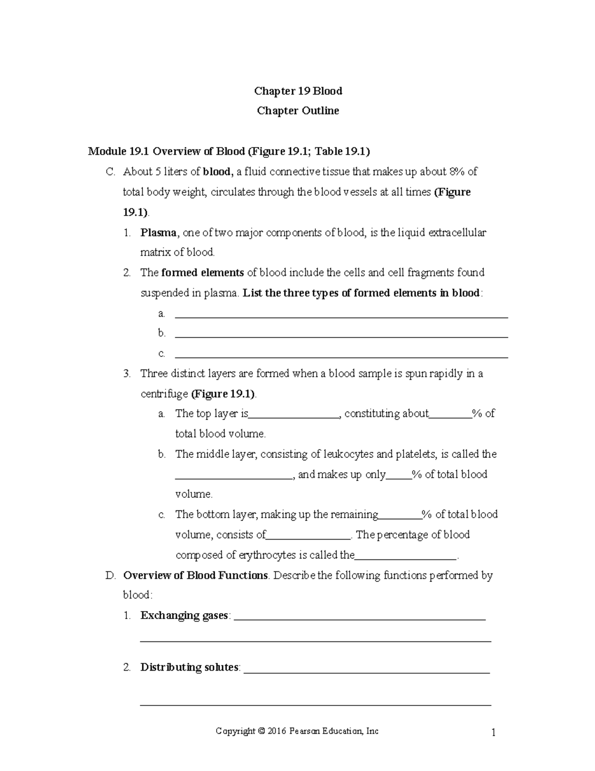 Ch. 19 Blood Student Outline - Chapter 19 Blood Chapter Outline Module ...