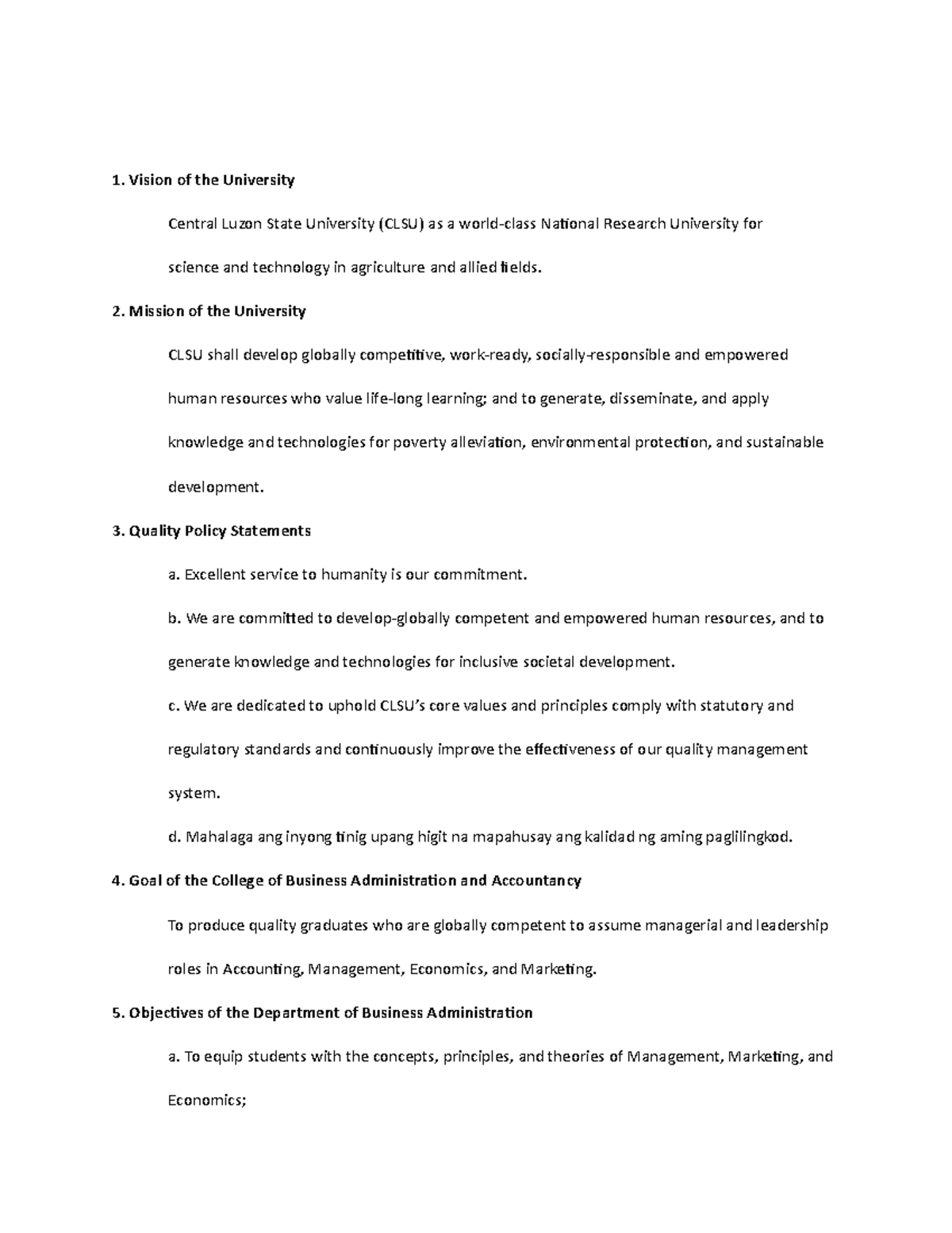 Assign 2 Mission Vision Quality Policy Statements CLSU - Vision of the ...