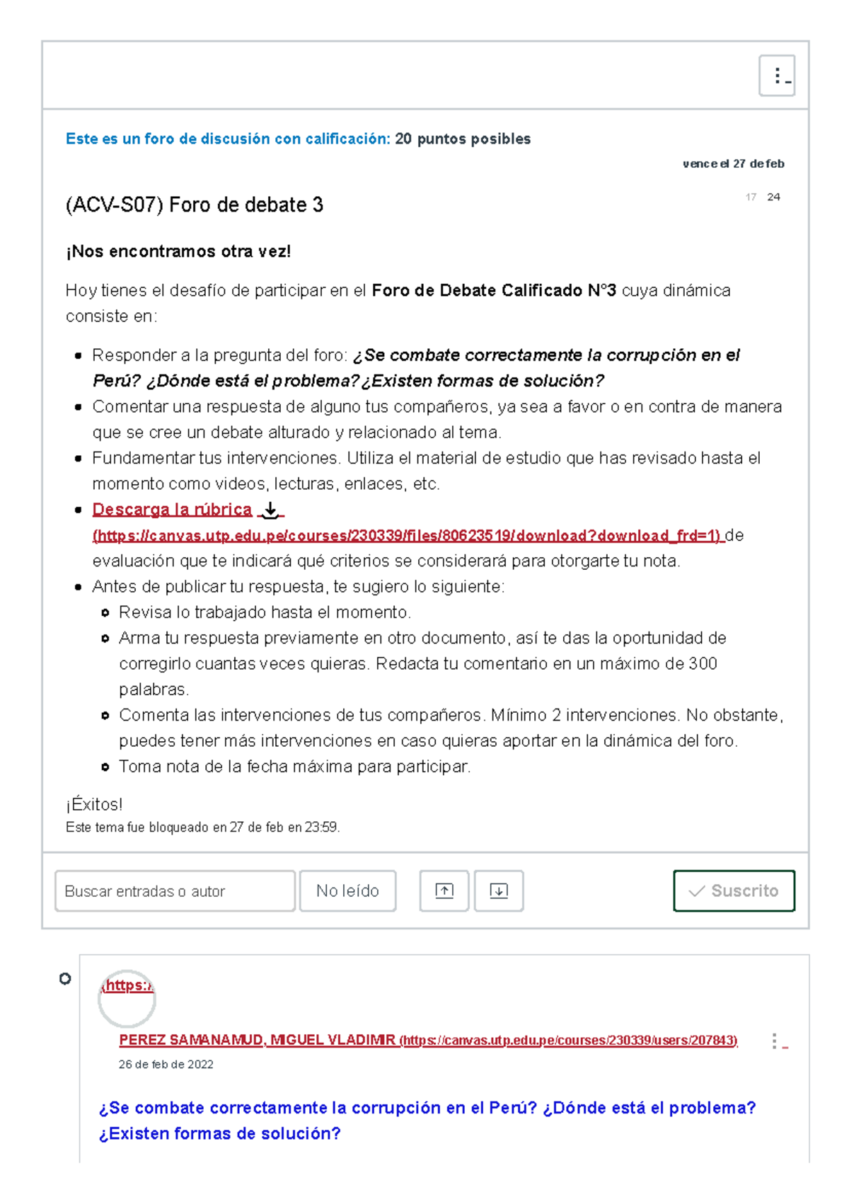 Tema (ACV-S07) Foro de debate 3 - Este es un foro de discusión con calificación: 20 puntos - Studocu