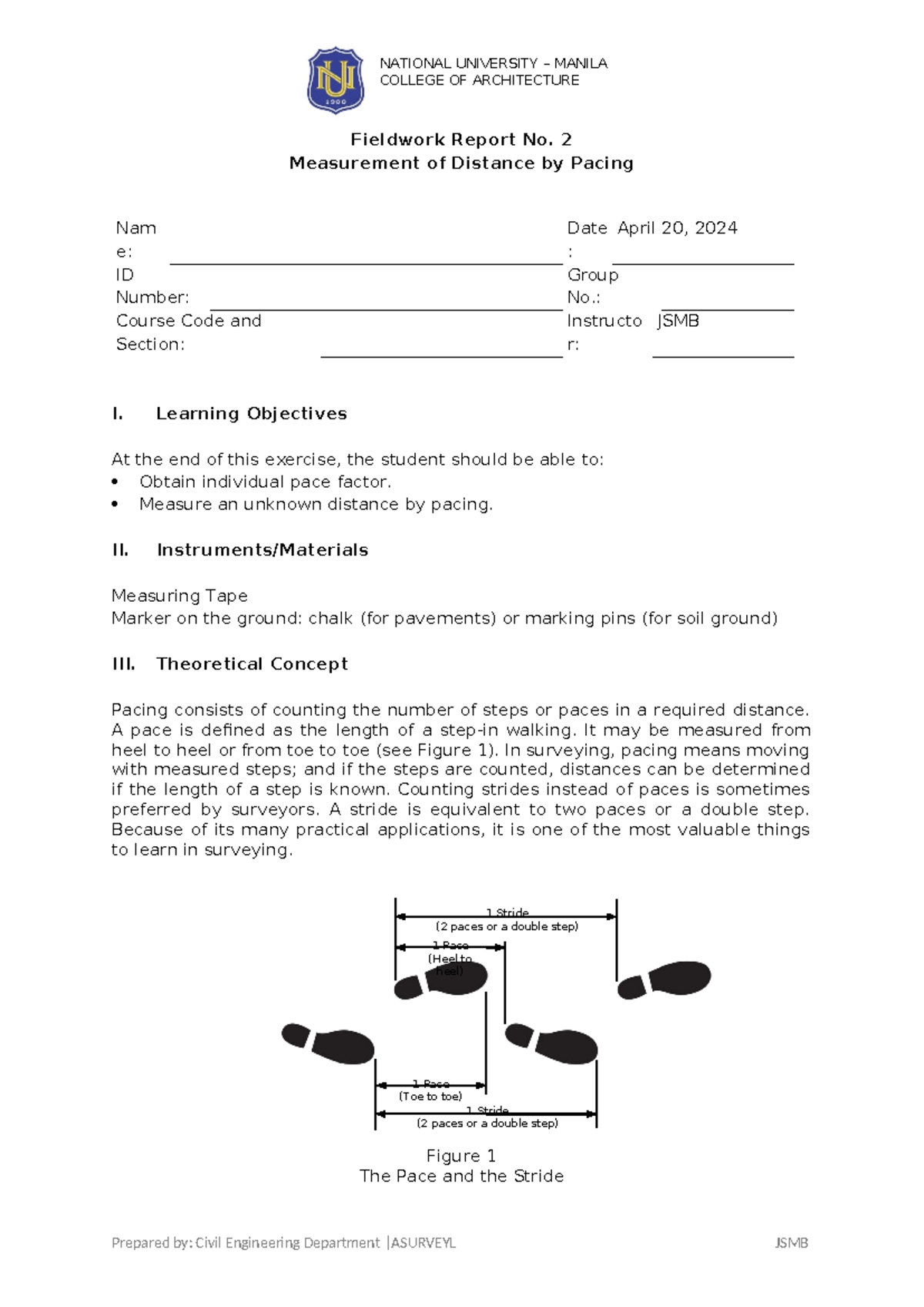 Fieldwork Report 2 - Measurement of Distance by Pacing - COLLEGE OF ...