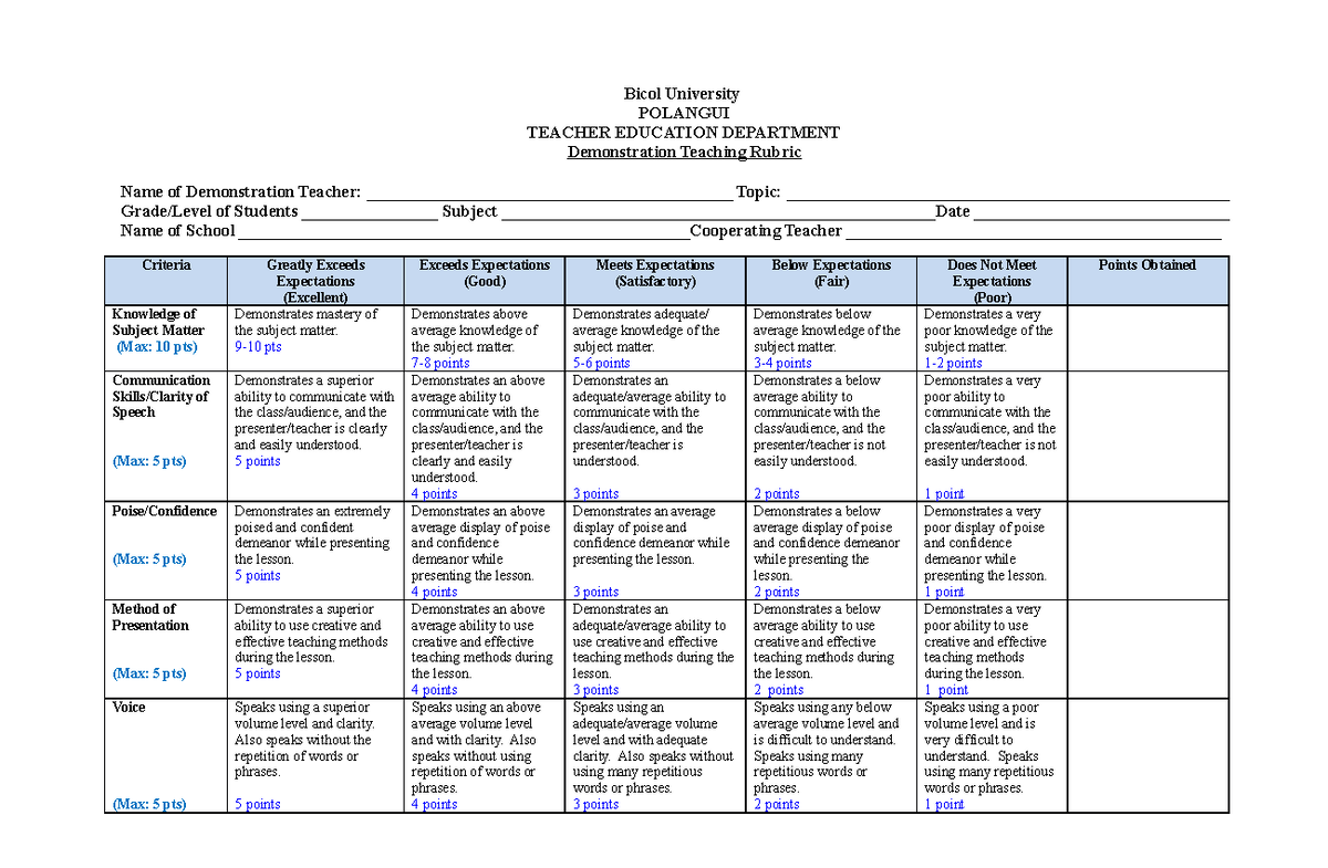 DEMO- Teaching- Rubric - Bicol University POLANGUI TEACHER EDUCATION ...