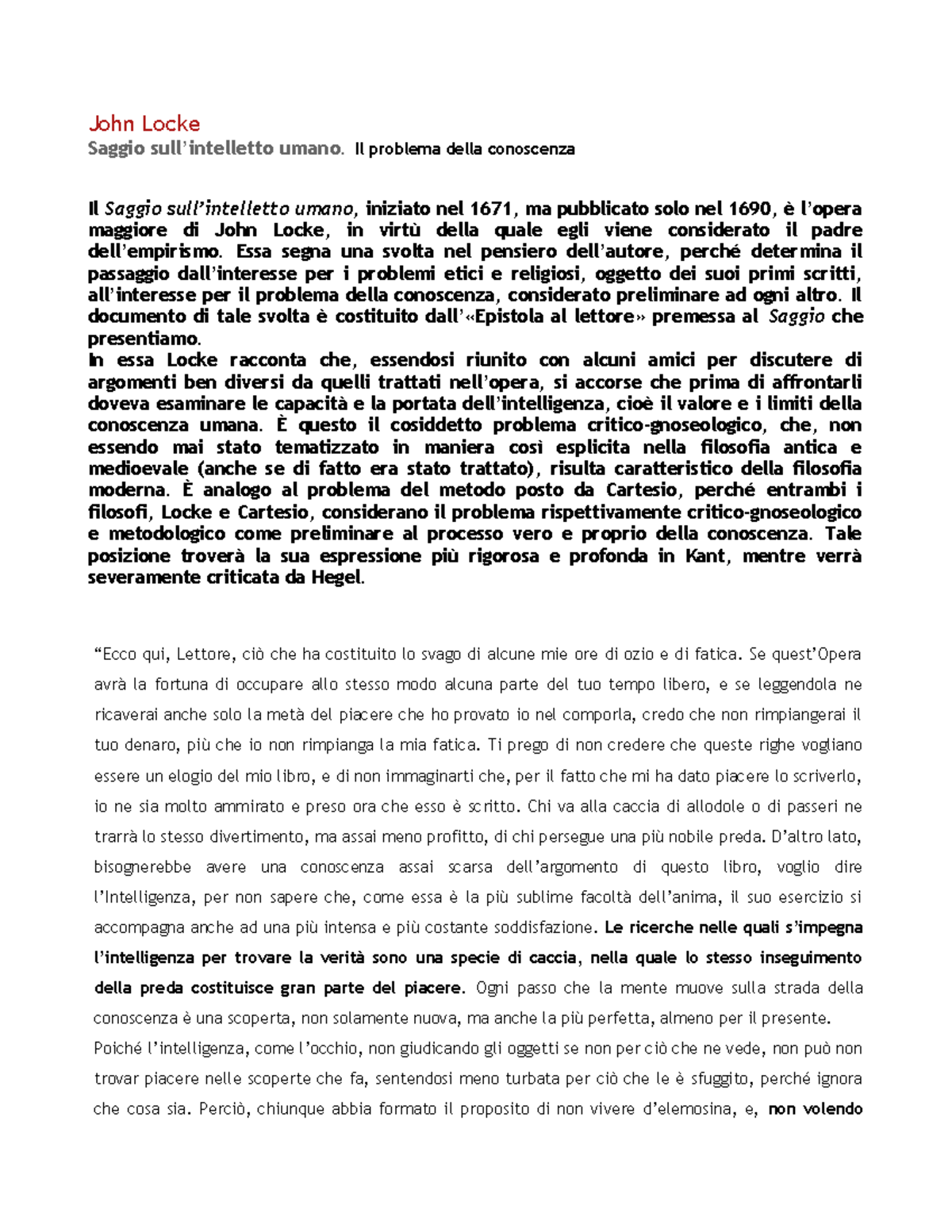 Approfondimento locke - John Locke Saggio sull’intelletto umano. Il ...