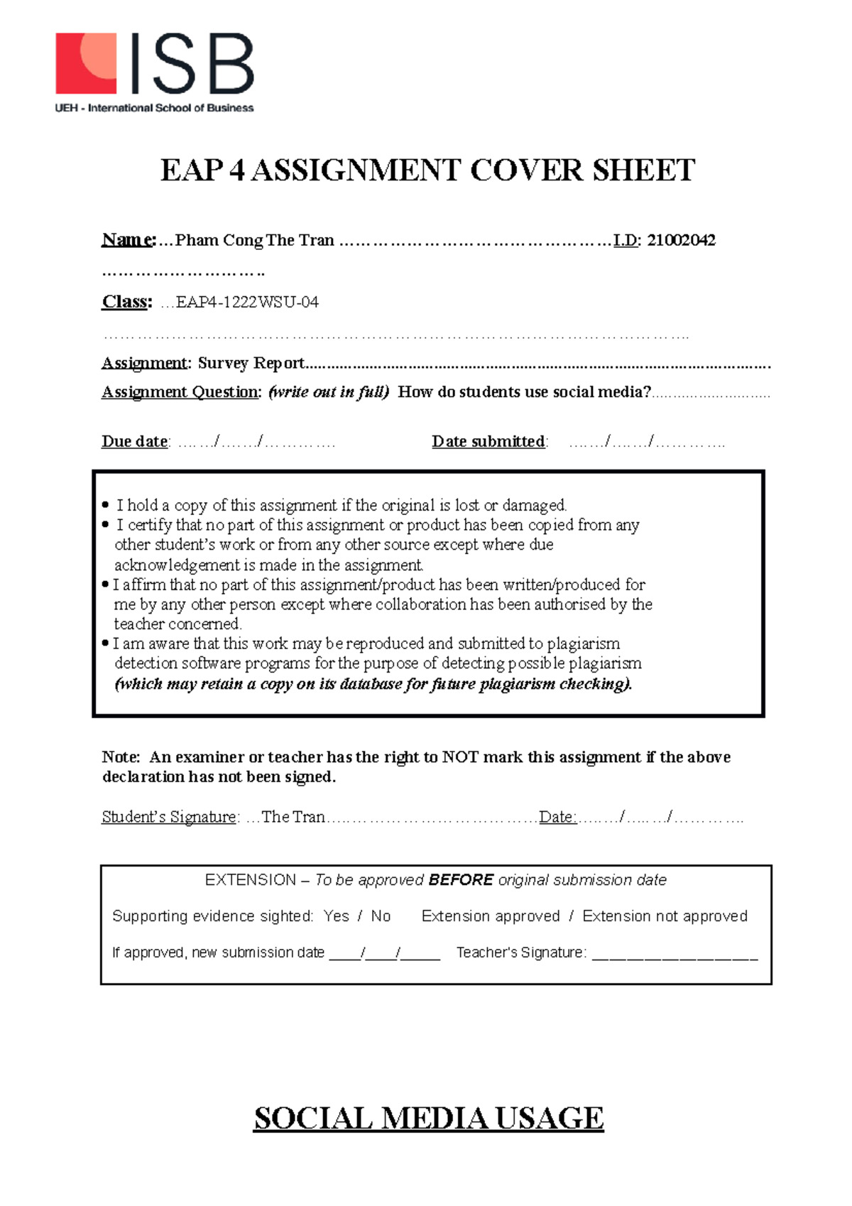 EAP4 Assignment cover sheet 09.2022 - EAP 4 ASSIGNMENT COVER SHEET Name:.. Cong The Tran - Studocu