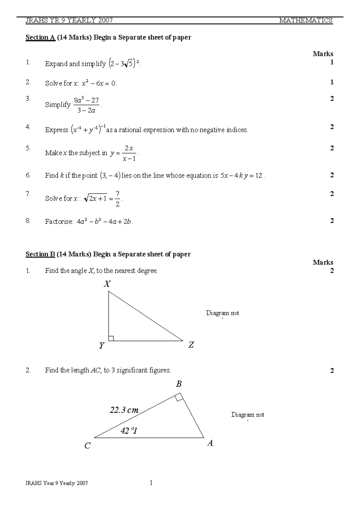 James Ruse 2007 Year 9 Maths Yearly & Solutions - JRAHS Year 9 Yearly 2007 1 JRAHS YR 9 YEARLY ...