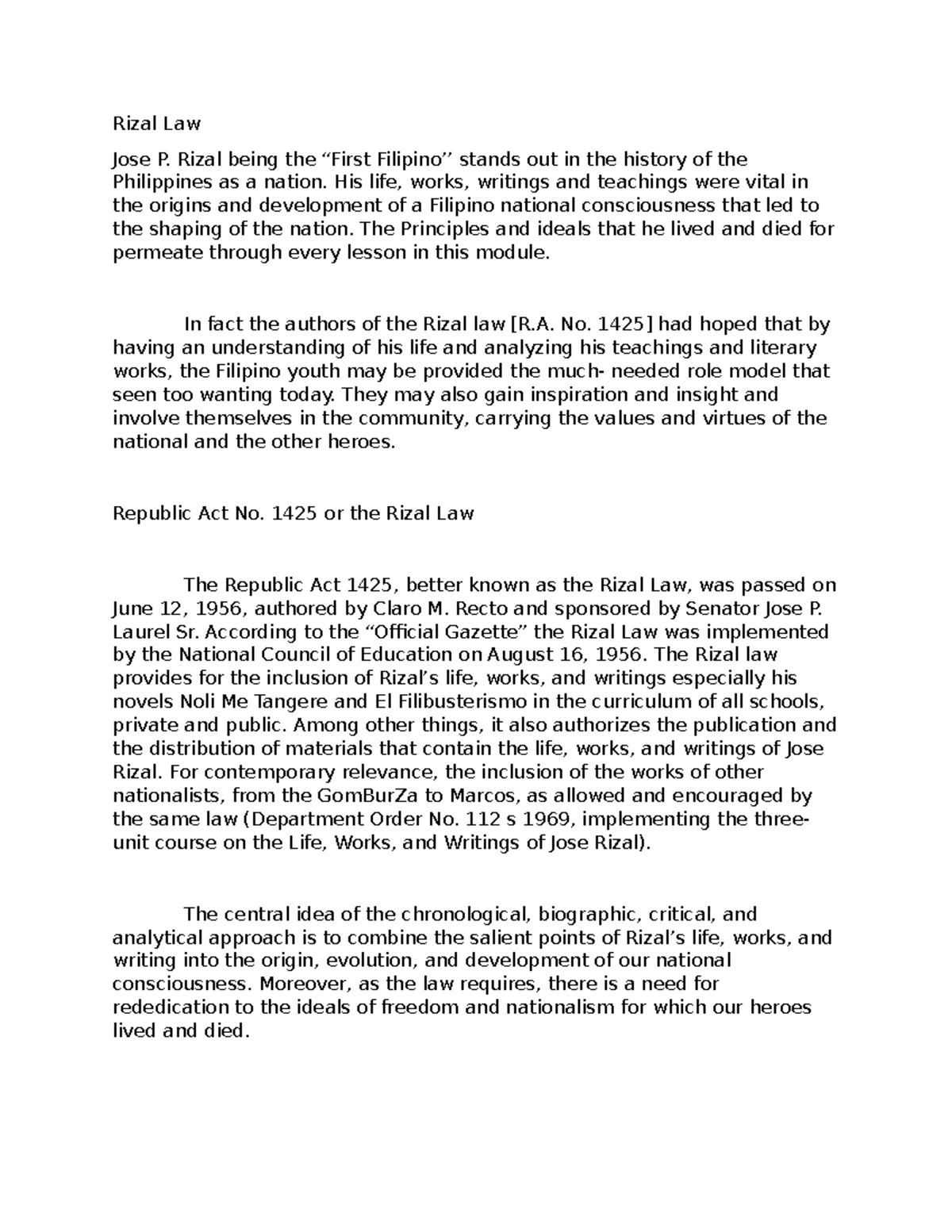 Rizal Law - Rizal Law Jose P. Rizal being the “First Filipino’’ stands ...