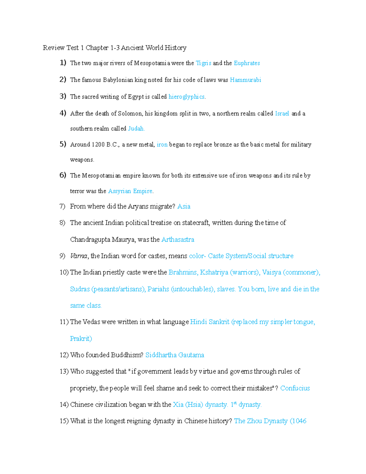 Review Test 1 HIST-135 answered - Review Test 1 Chapter 1-3 Ancient ...