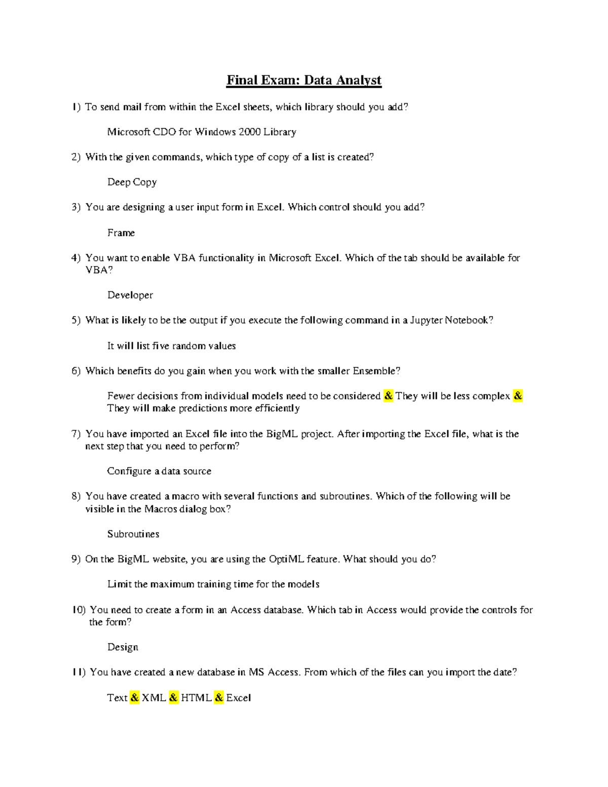 Skillsoft Data Analyst Final Exam - Final Exam: Data Analyst To send ...