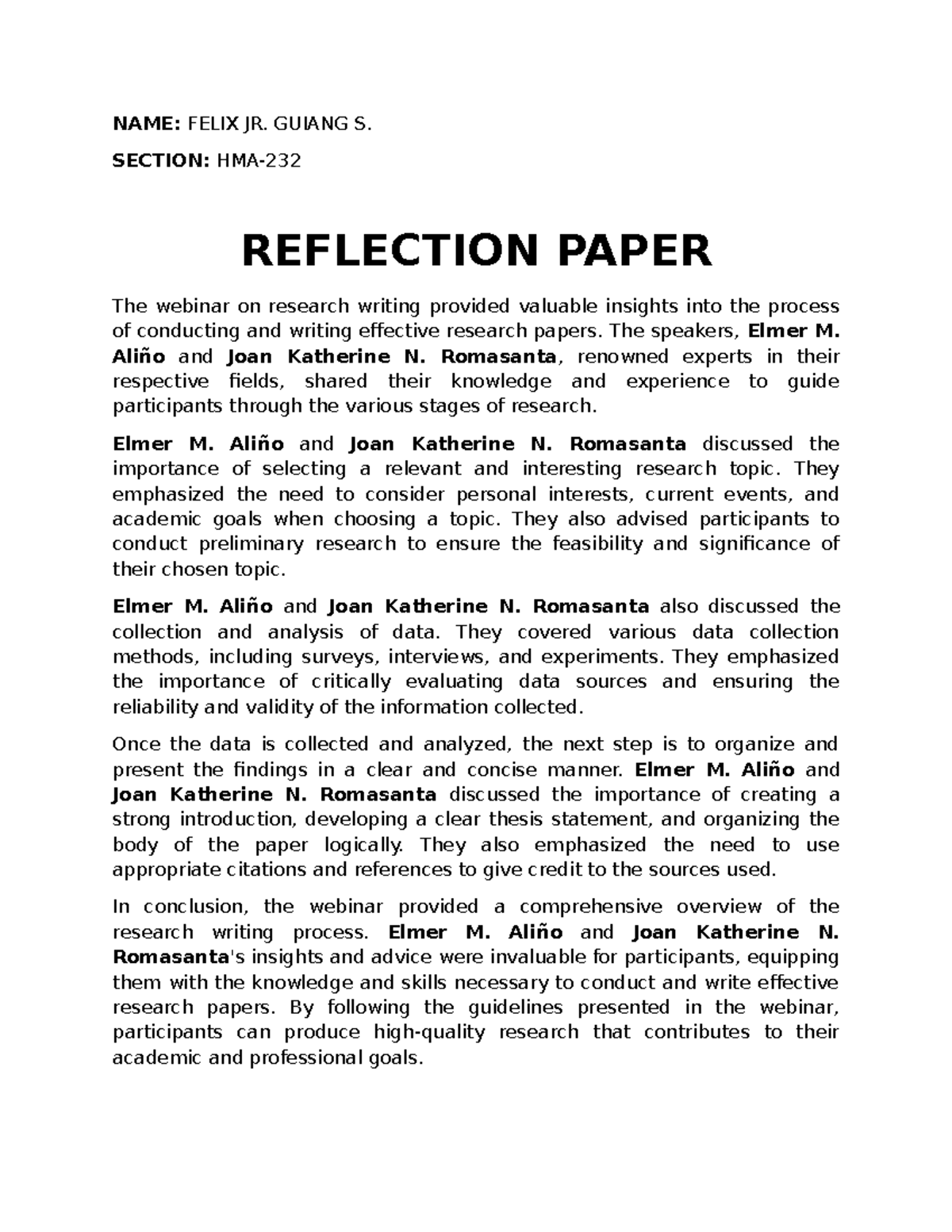Guiang Webinar Reflection - NAME: FELIX JR. GUIANG S. SECTION: HMA ...