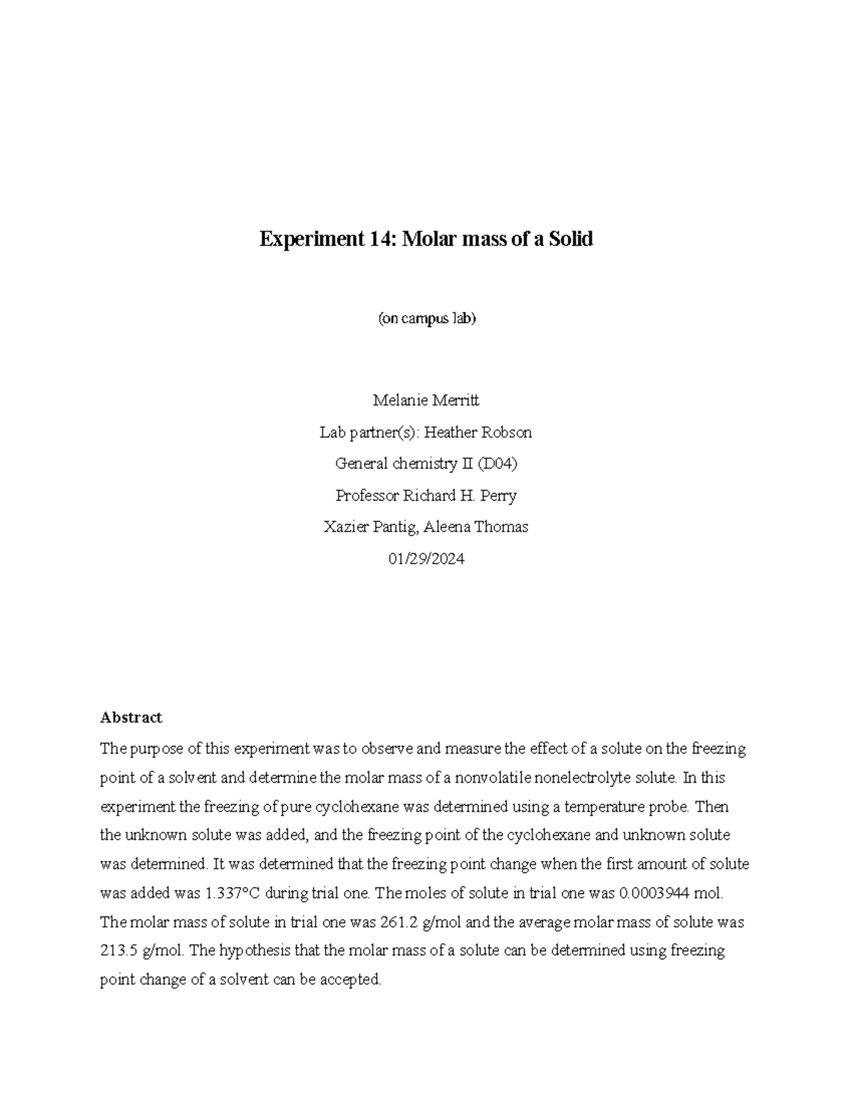 full lab report - Experiment 14: Molar mass of a Solid (on campus lab ...