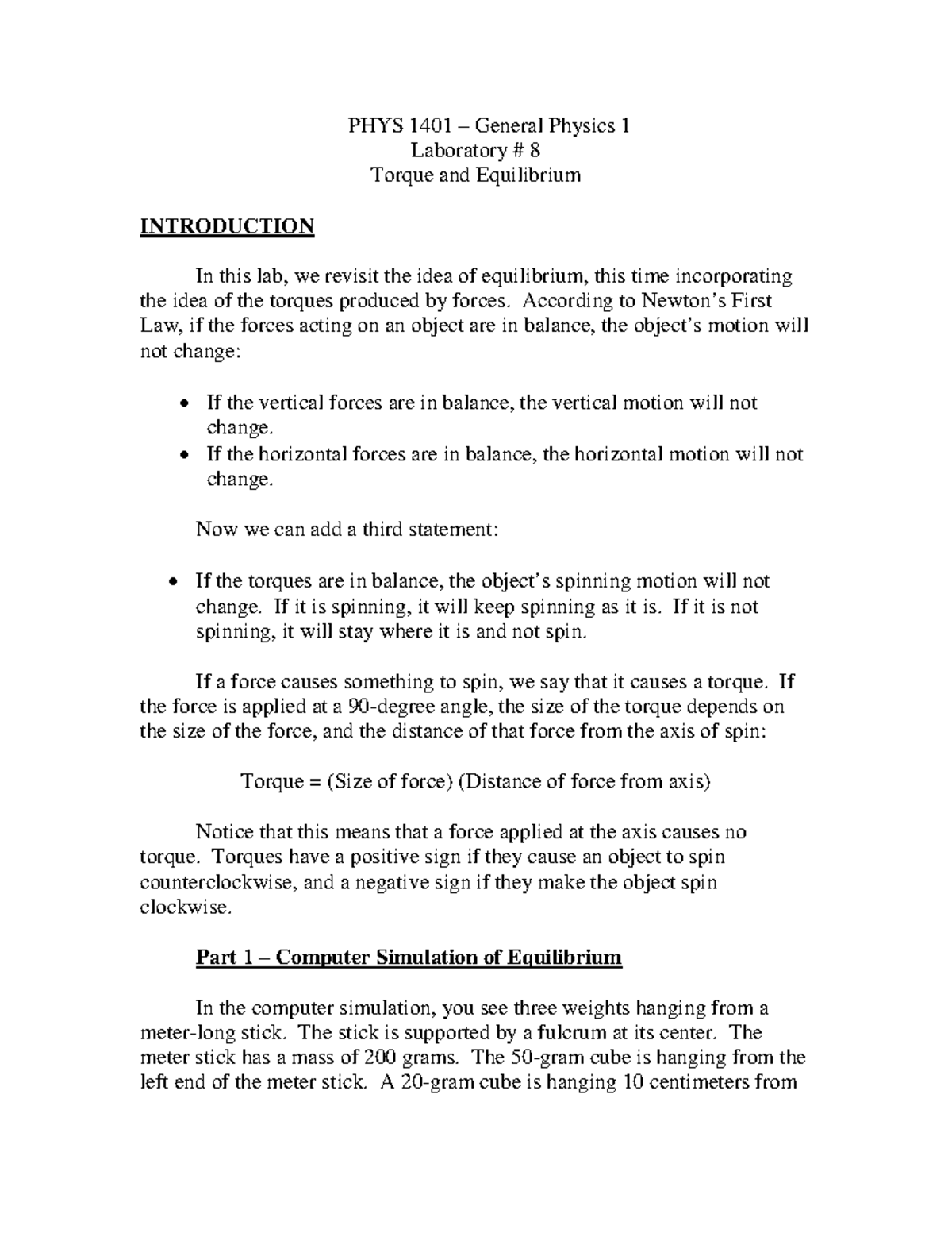 Gplab 08 - lab report - PHYS 1401 – General Physics 1 Laboratory # 8 ...