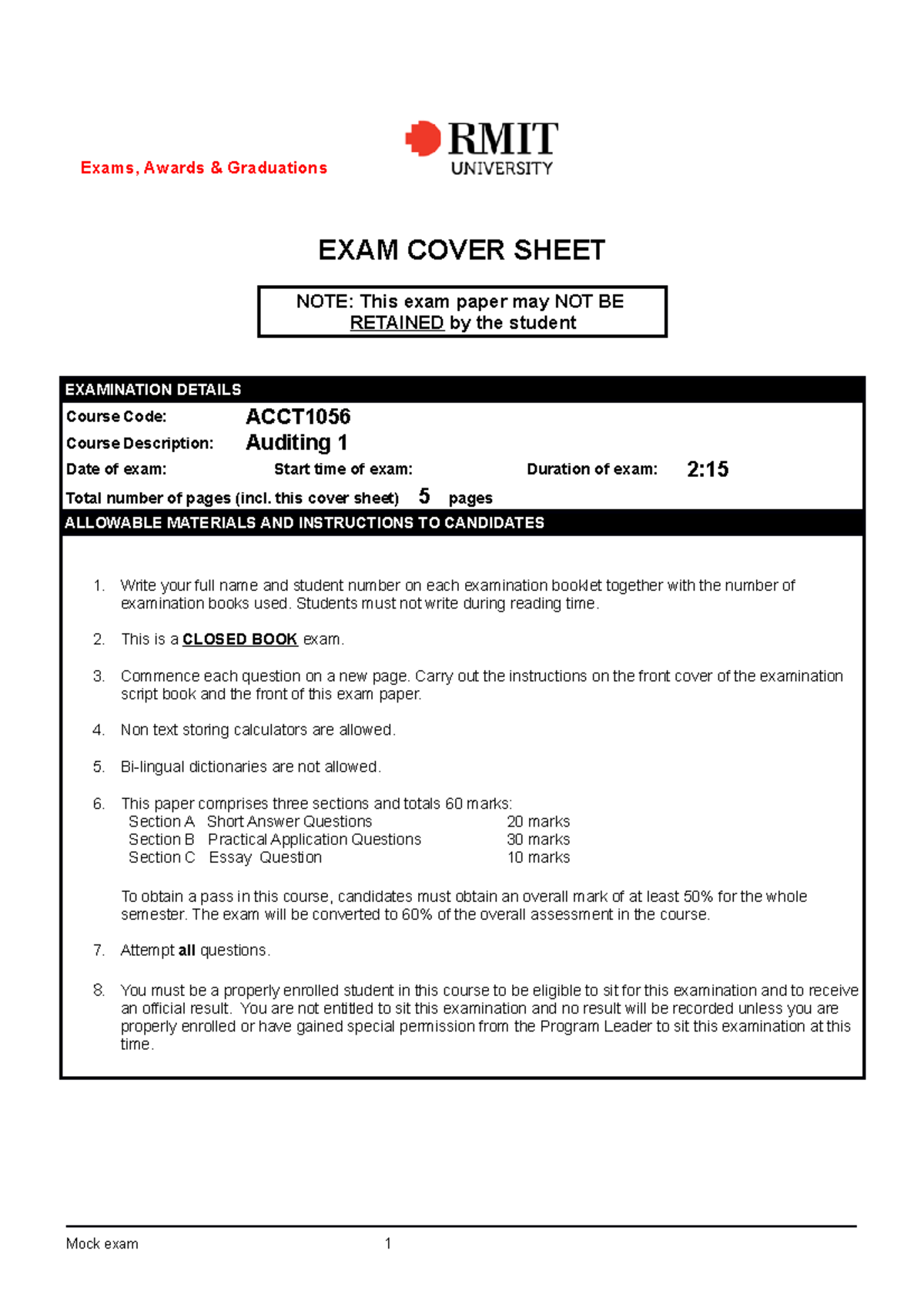 Sample/practice exam 2013, questions - Exams, Awards & Graduations EXAM ...